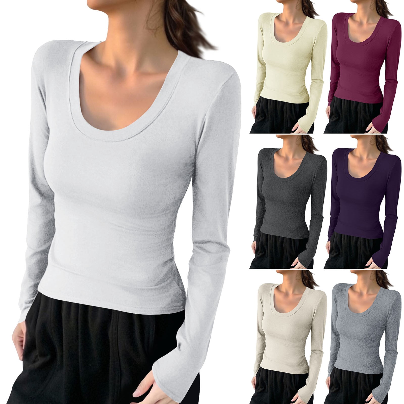 BiZtdJrK Yoga Tops for Women U Neck Slim Fit Long Sleeve Workout Shirts ...