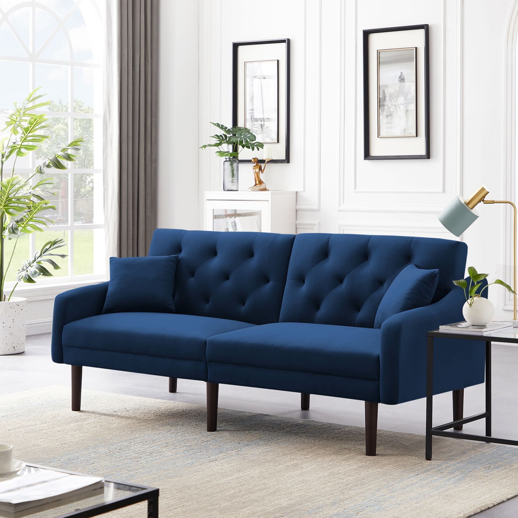 Bianlte 72.8” Blue Velvet Futon Sofa, Convertible Sleeper Couch with 2 ...