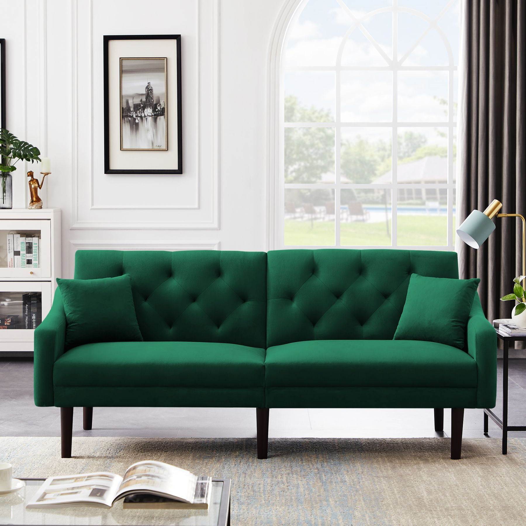Bianlte Velvet Upholstered Futon Sofa, Green, Modern Sleeper with ...