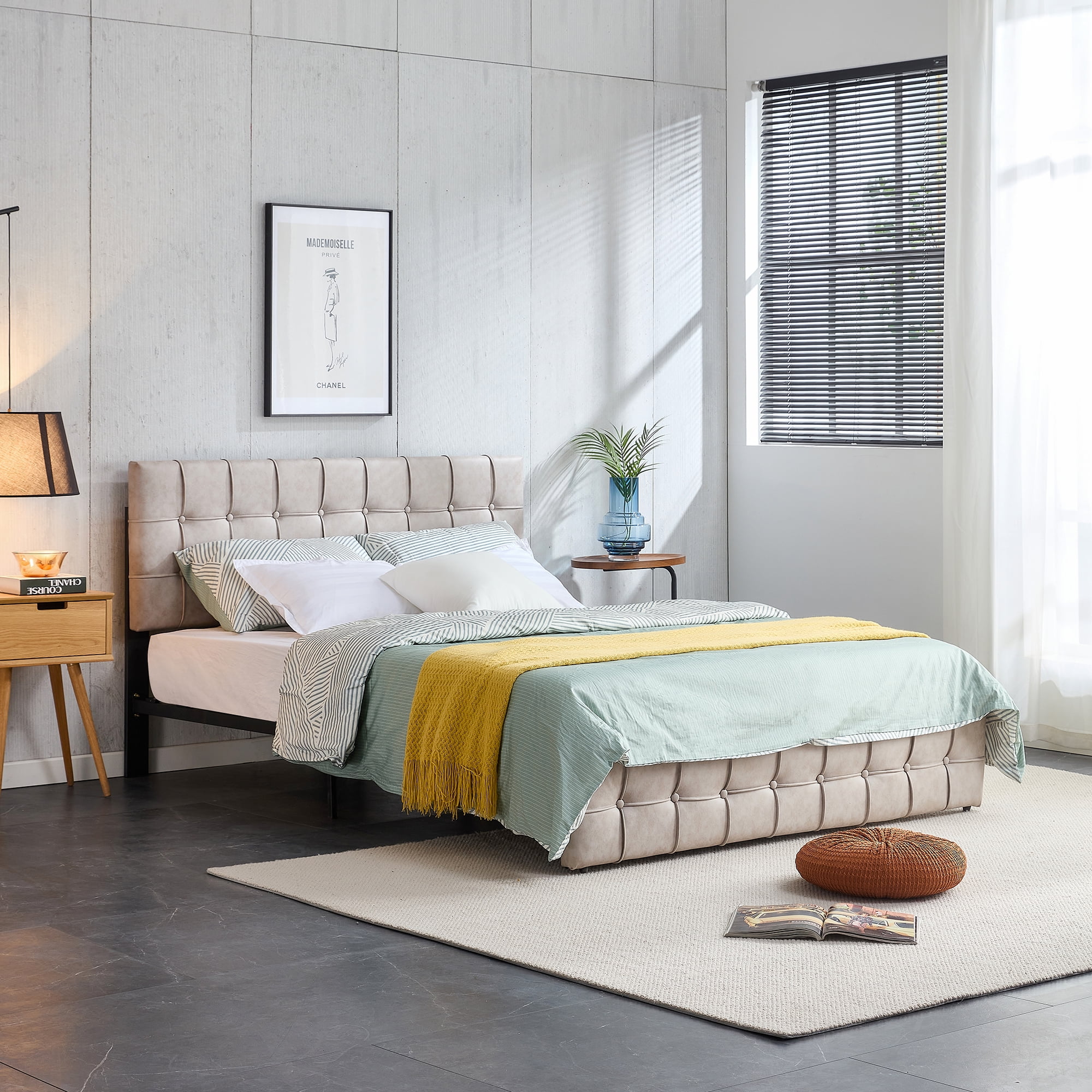 Bianlte King Size Bed Frame,Modern Upholstered Platform Bed with ...