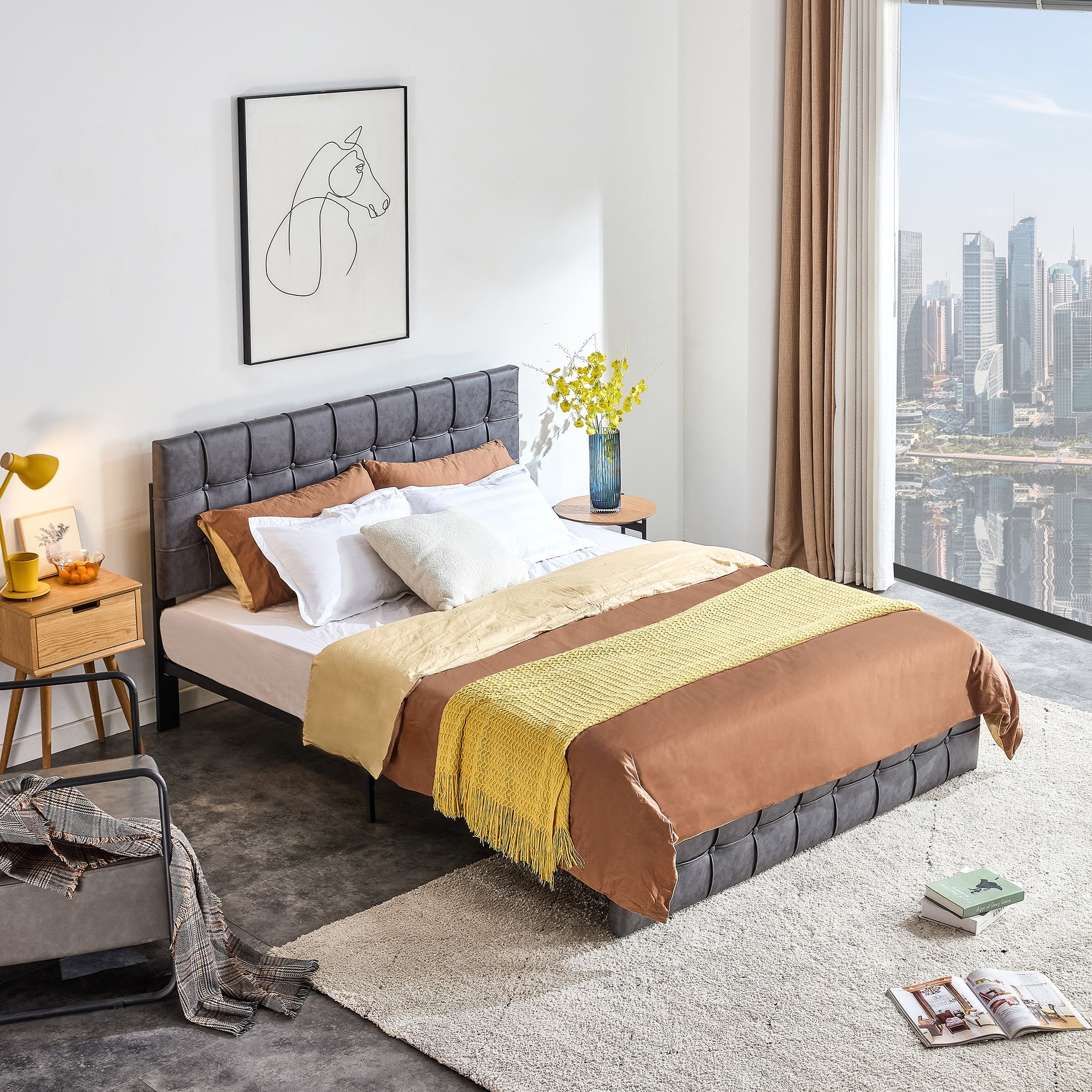 Bianlte Queen Size Bed Frame,Modern Upholstered Platform Bed with ...