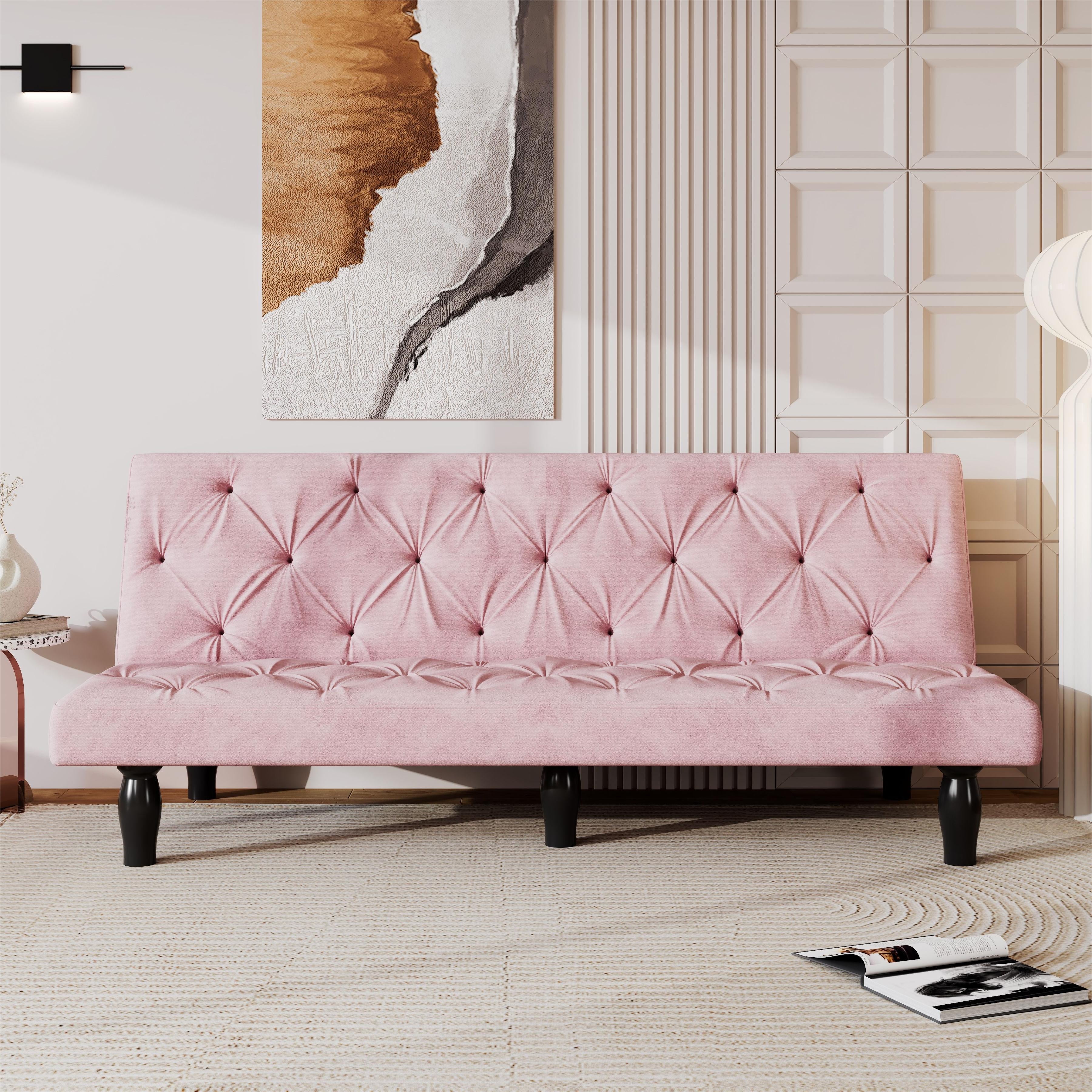 "66"" Pink Velvet Futon Sofa Bed, Convertible with 3 Adjustable ...