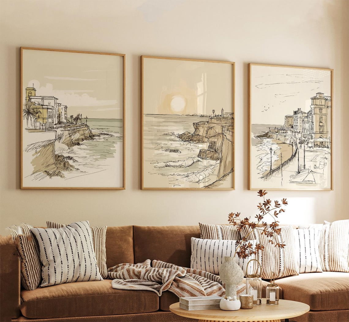 Biarritz France Art Set Neutral Sketch Style Travel Set 3 Stretched ...