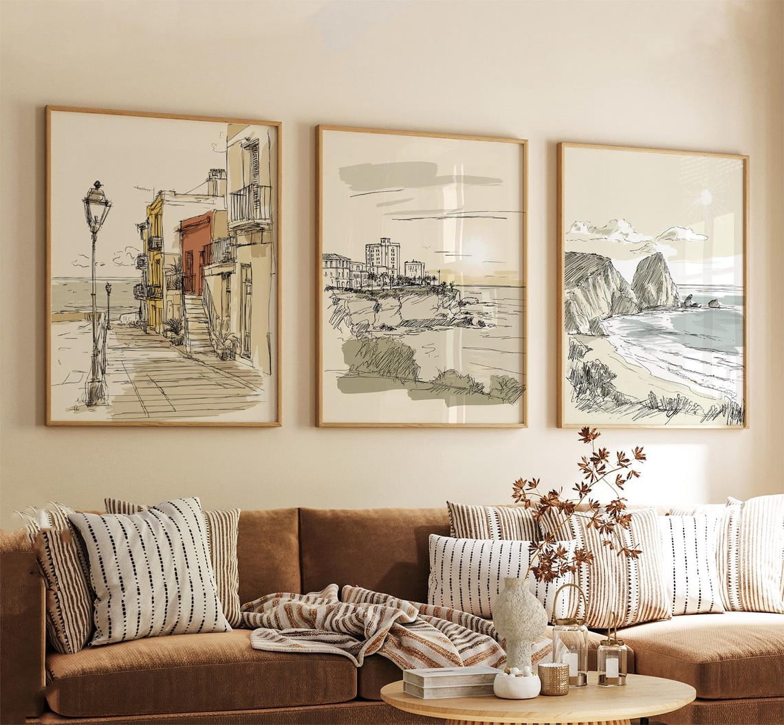 Biarritz France Neutral Sketch Style Wall Art Set 3 - Walmart.com