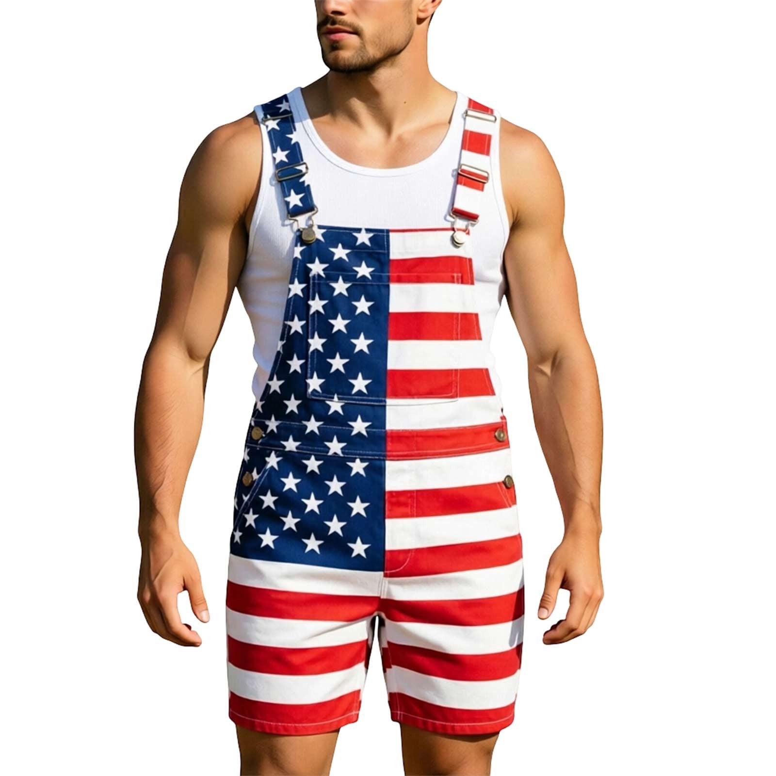 Bib Overalls for Men Classic American Flag Print Short Romper, Casual ...