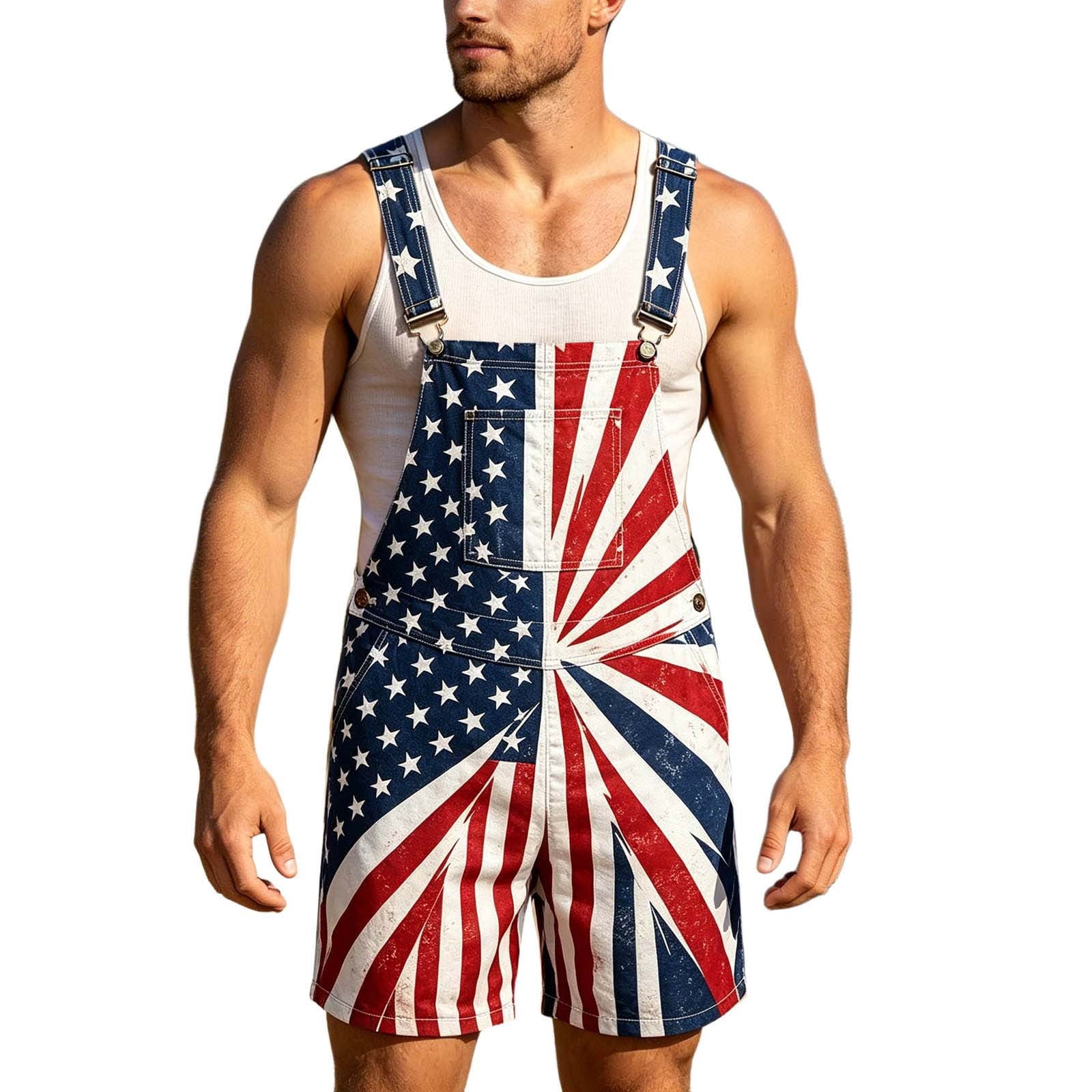 Bib Overalls for Men Patriotic Half Star Half Stripe Print Short ...
