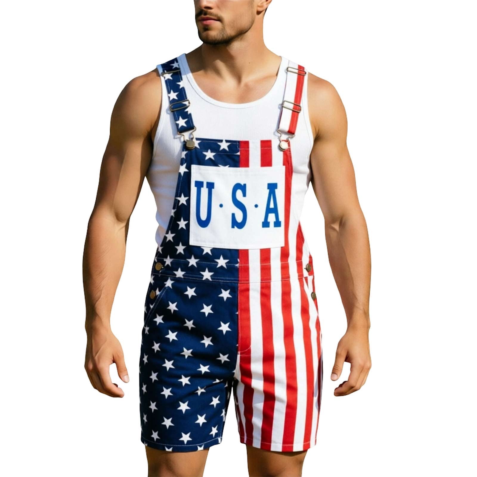 Bib Overalls for Men USA Flag Patchwork Print Short Overalls, Patriotic ...