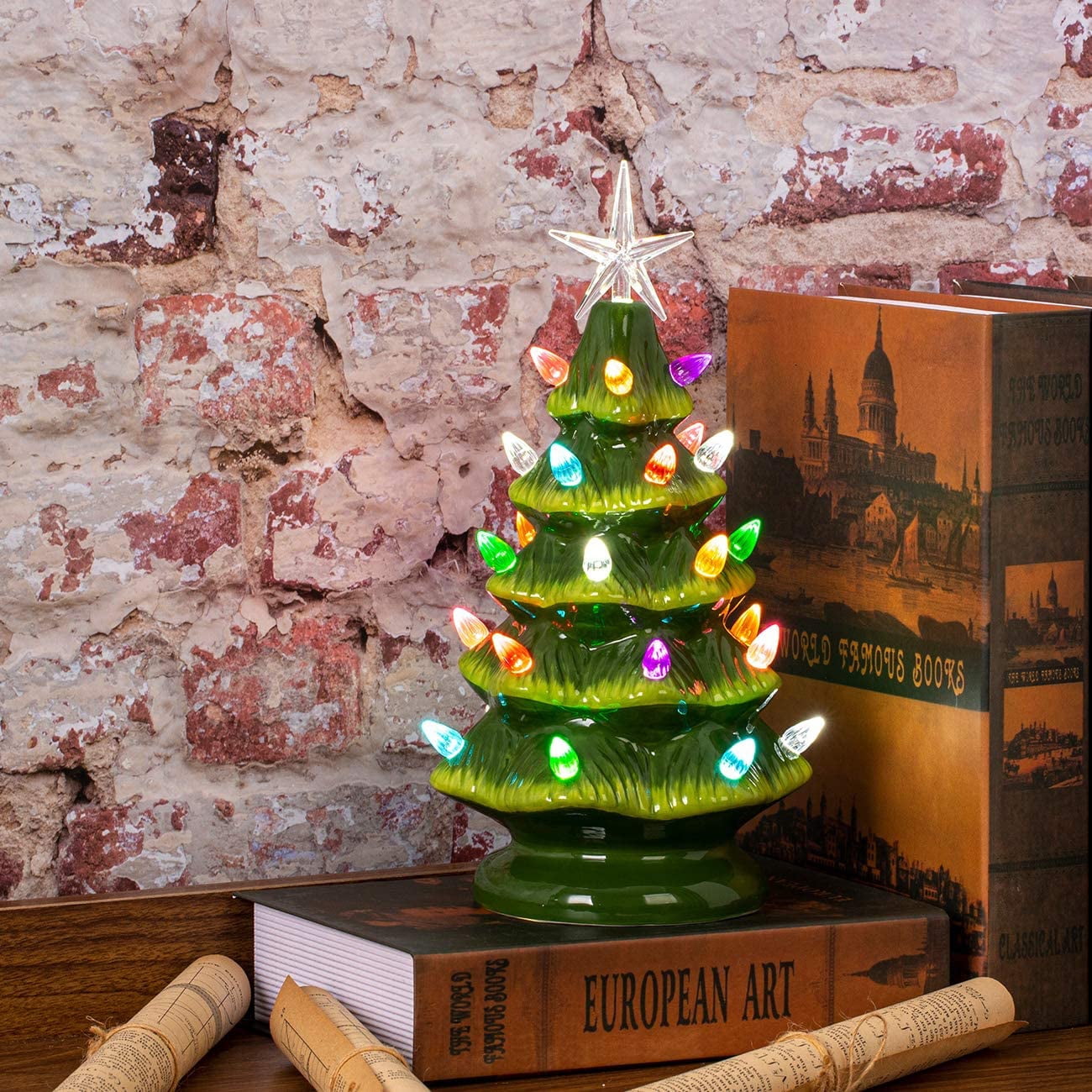 Bibana 11" Ceramic Christmas Tree Tabletop Christmas Tree Lights with ...