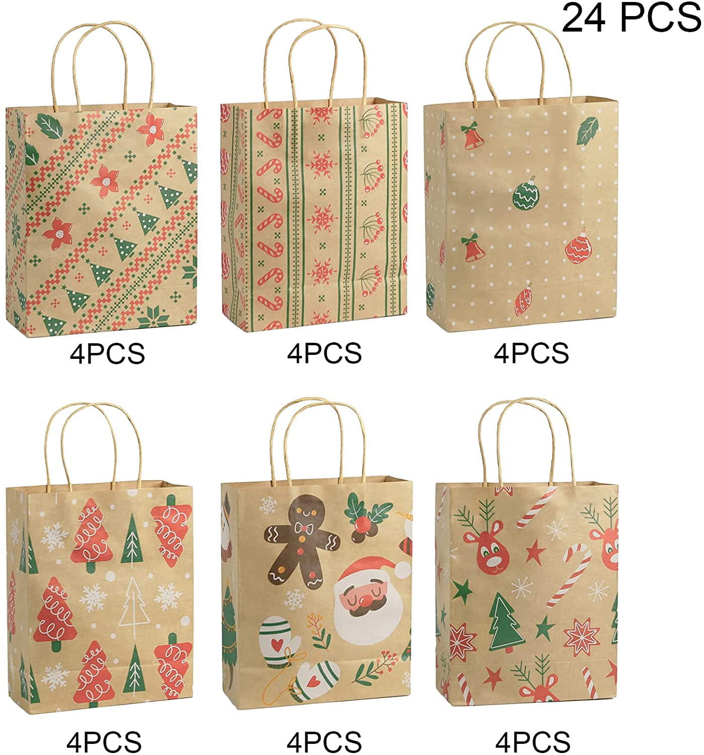 Bibana 24 PCS Christmas Gift Bags Kraft Holiday Wrapping Paper Bags ...