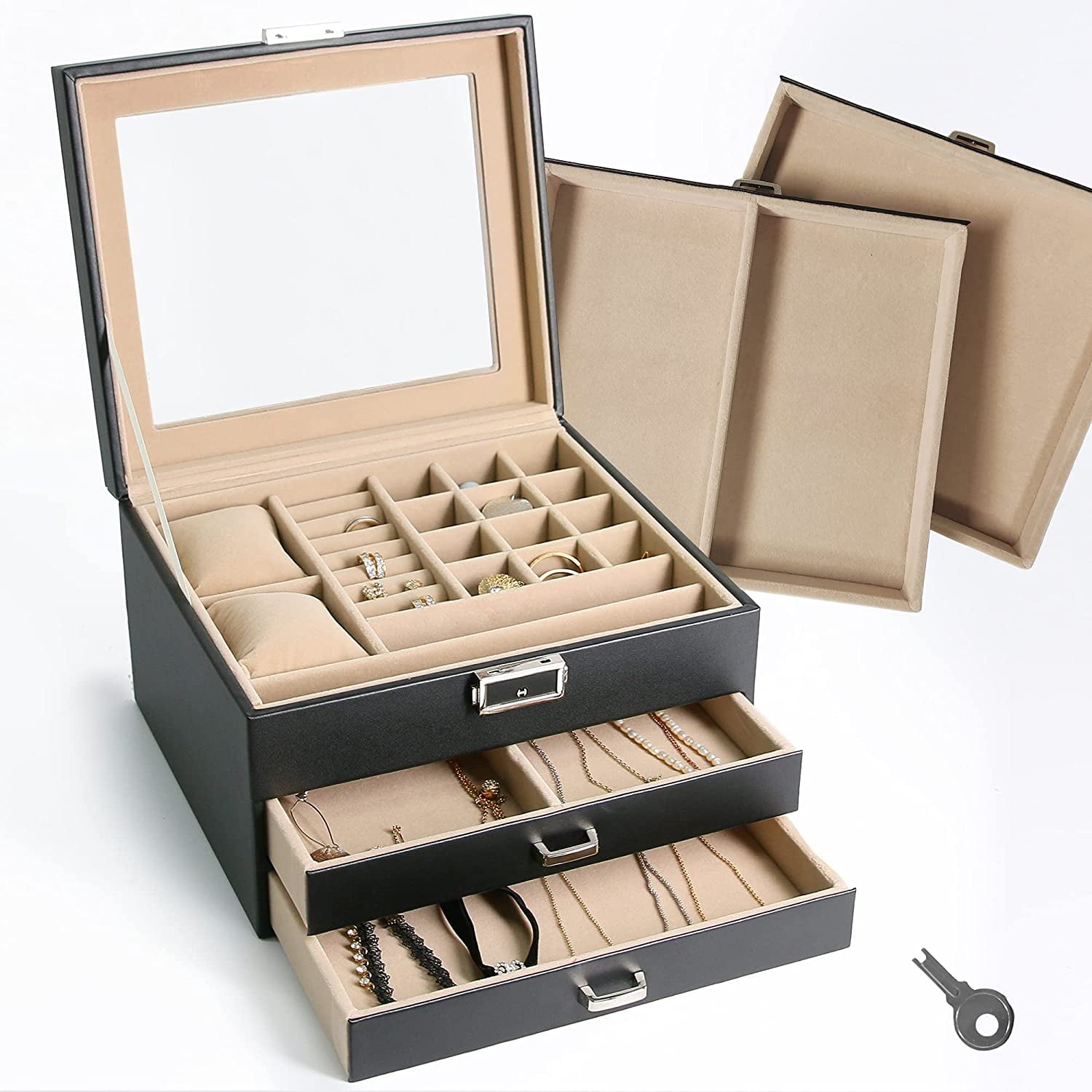 Bibana 3-Tier PU Leather Lockable Jewelry Box Men & Women Jewelry ...
