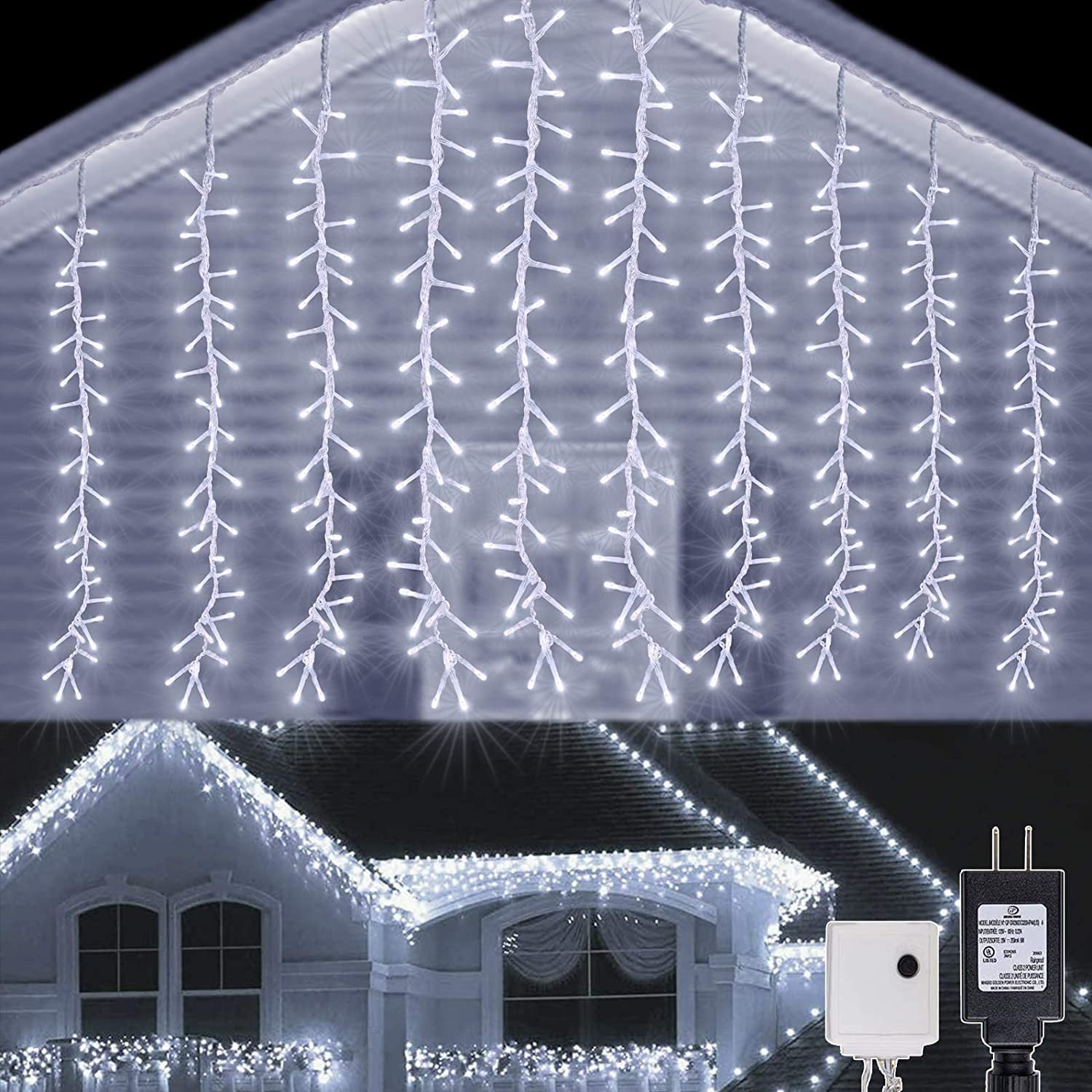 Bibana 320LED 9.8ftx2.3ft Icicle Cluster String Lights 8 Lighting Modes ...