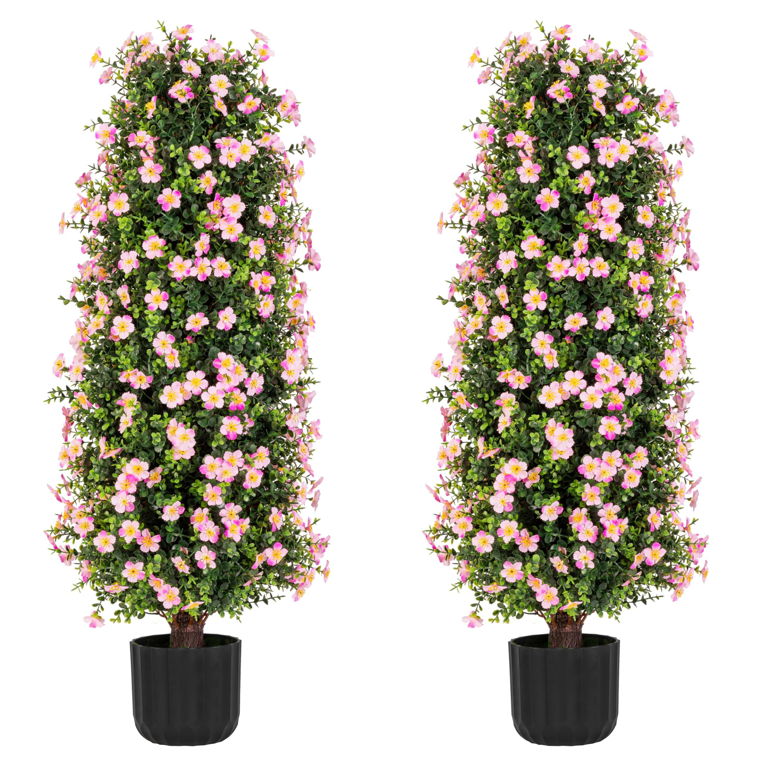 Bibana 37" 2 Packs Pink Artificial Plum Blossom Tree, Fake Floral Plant Tree in Pot, Faux Potted ...