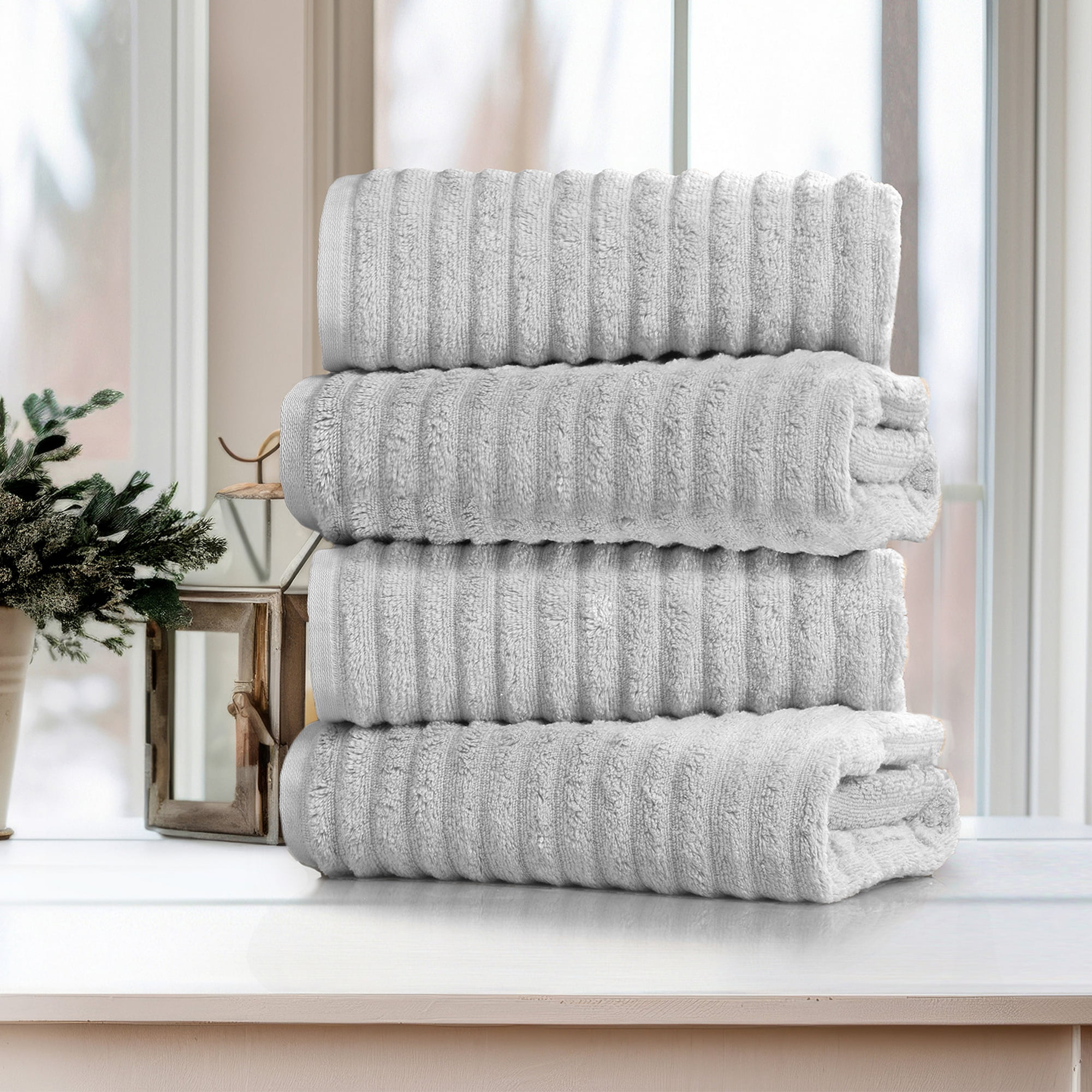 Bibb Home 4 Pack Ribbed Egyptian Cotton Bath Towel Set - Seal Gray ...
