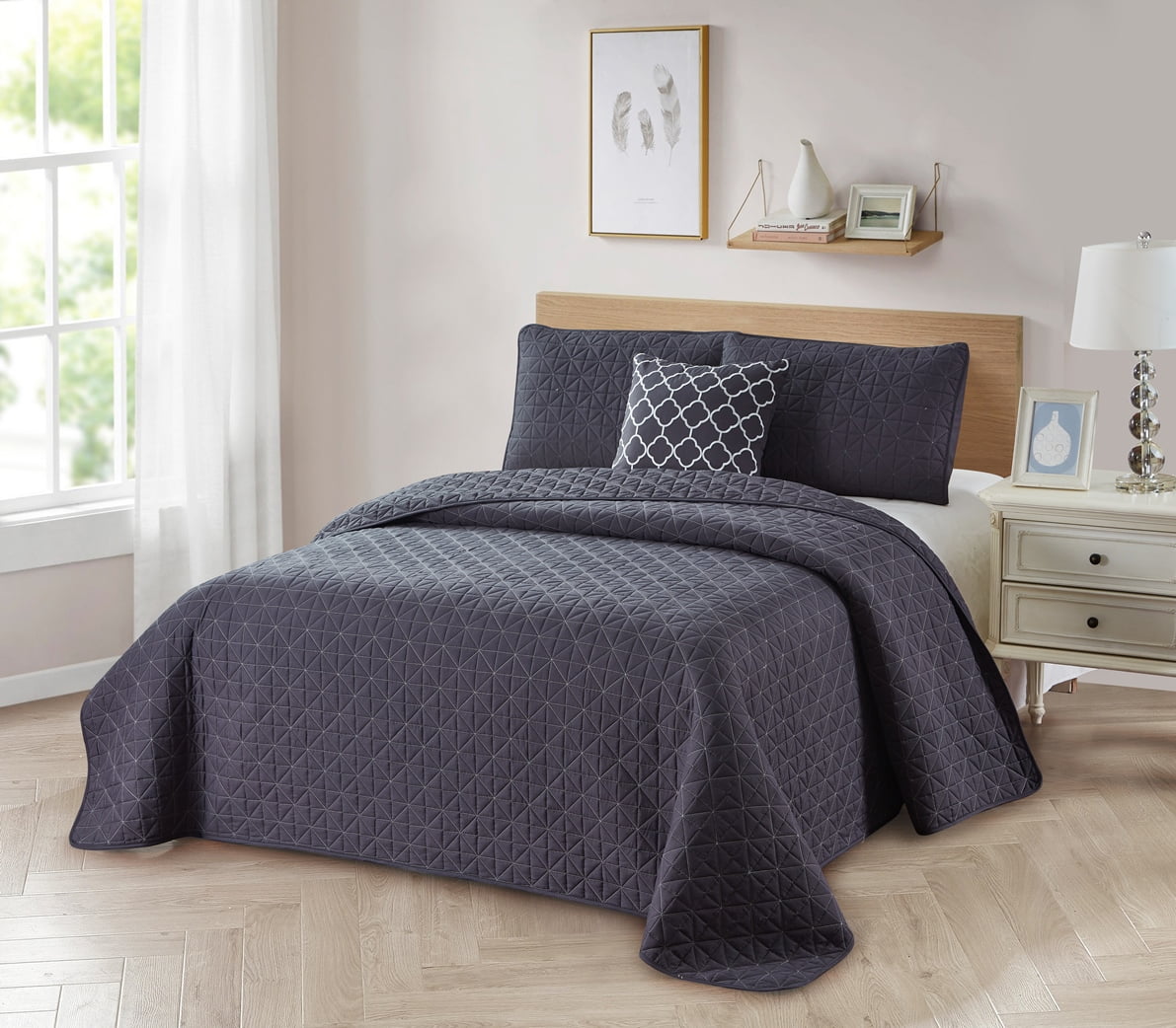Bibb Home 4 Piece Solid Quilt Set with Cushion - 6 Colors - Grey - Twin ...