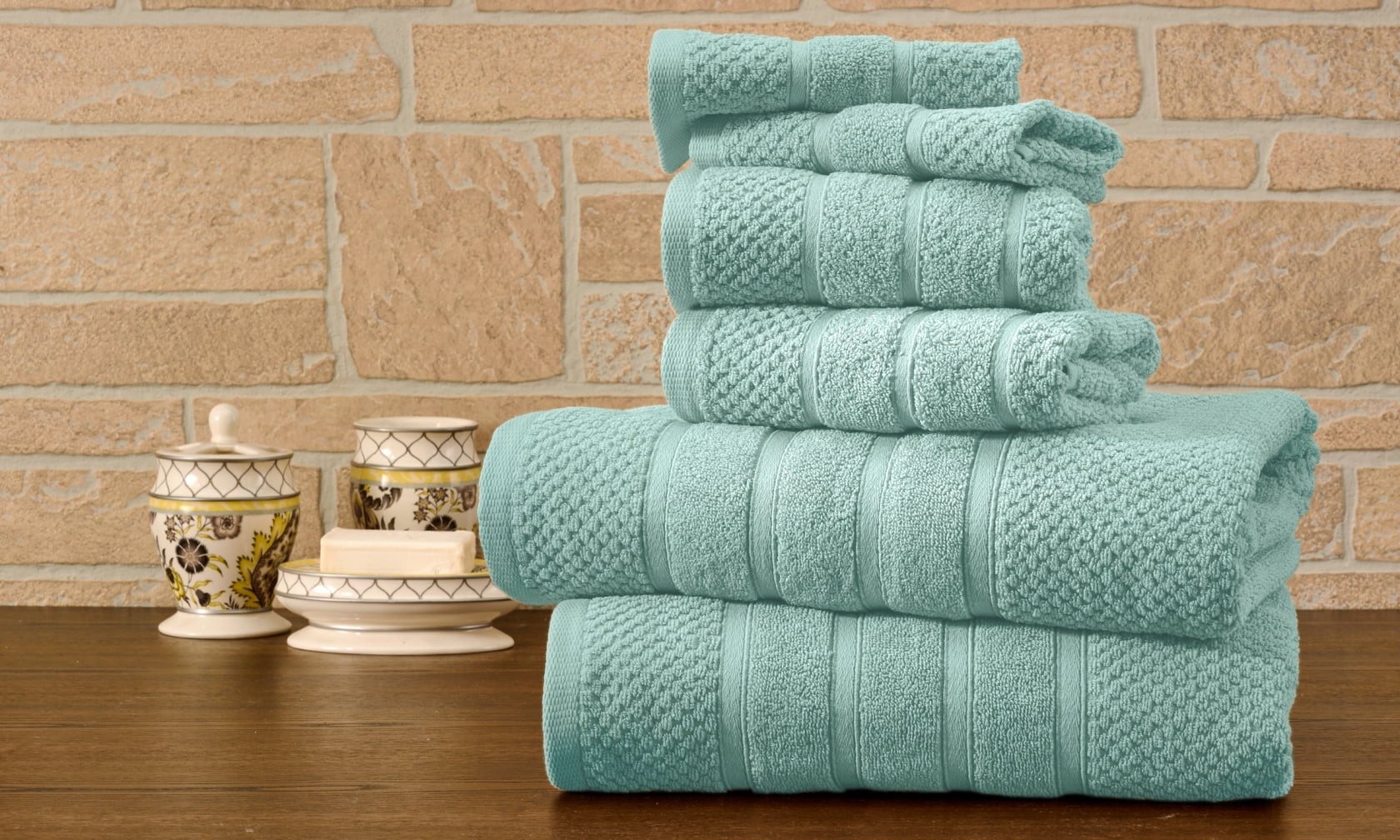 Bibb Home Egyptian Cotton Hand & Bath Towel Set, 6 Pieces, Popcorn Aqua ...