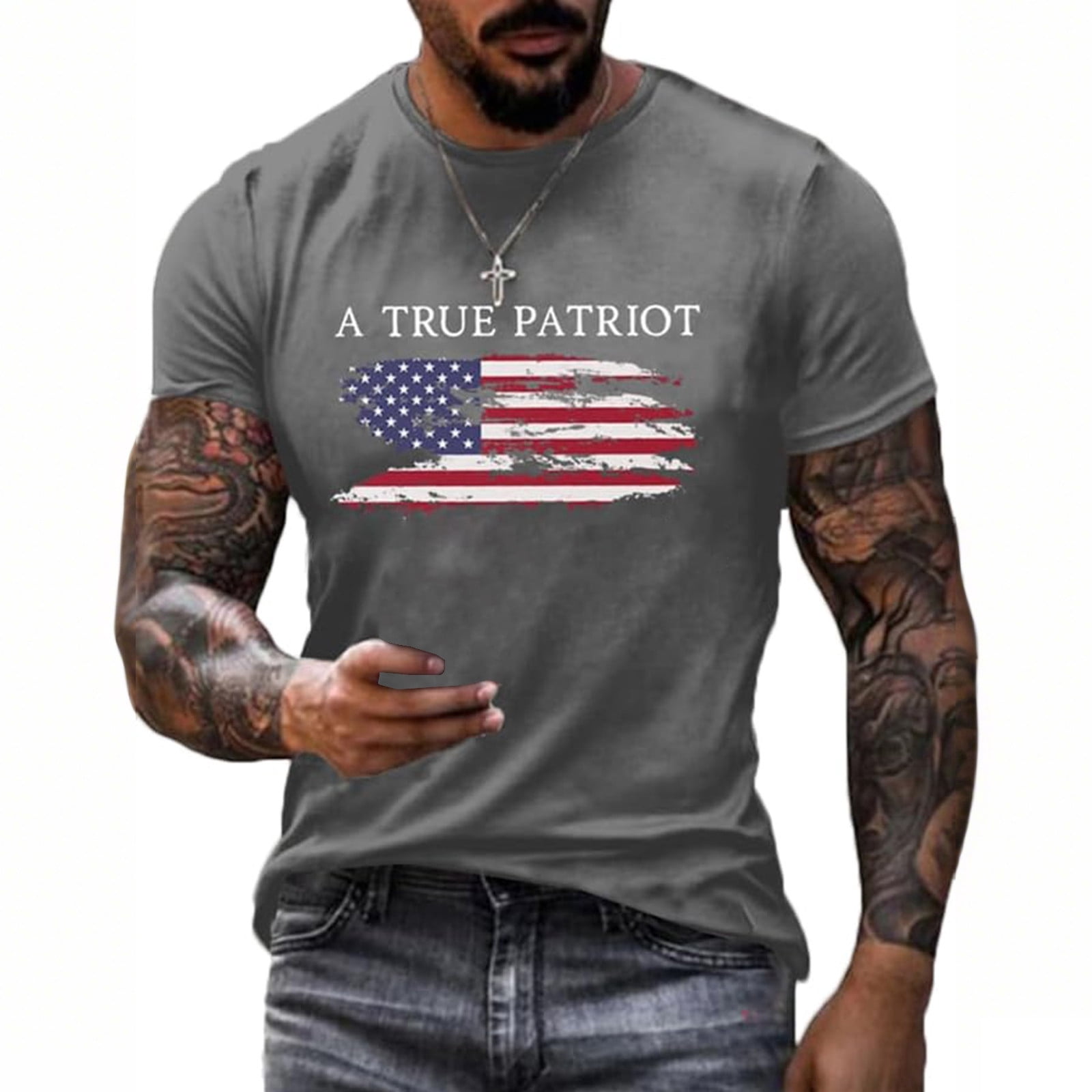 Bibfish Mens Tshirts Casual USA Flag Print Summer Crewneck Short Sleeve ...