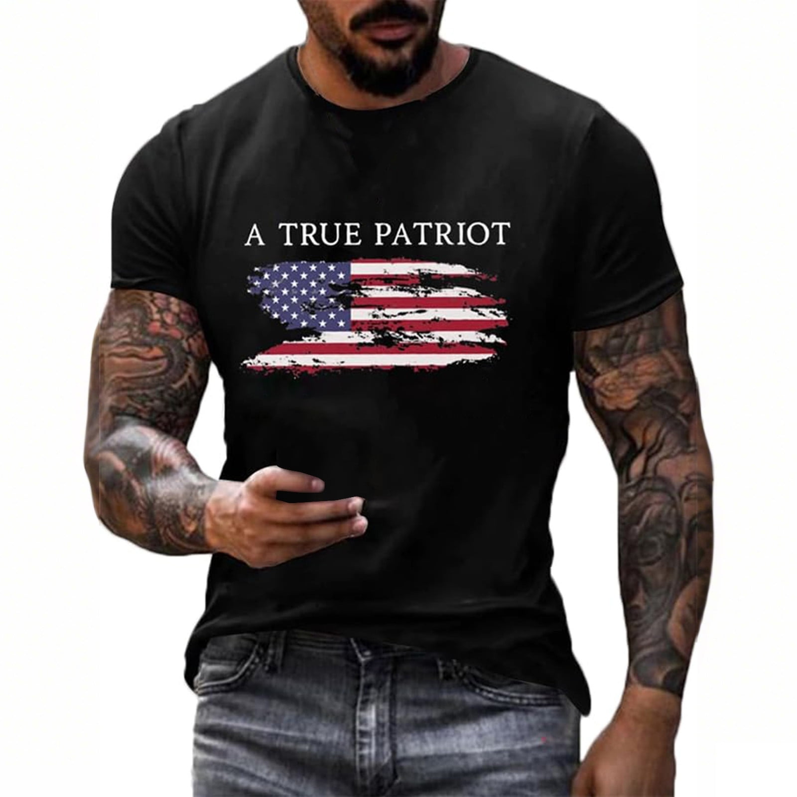 Bibfish Mens Tshirts Casual USA Flag Print Summer Crewneck Short Sleeve ...