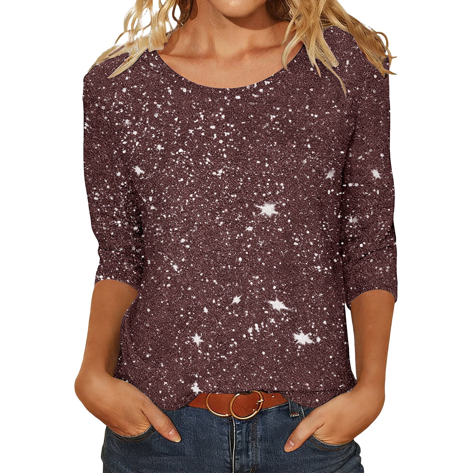 Bibfish Womens T-Shirts Carnival Metallic Thread 3/4 Sleeve Tees Loose ...