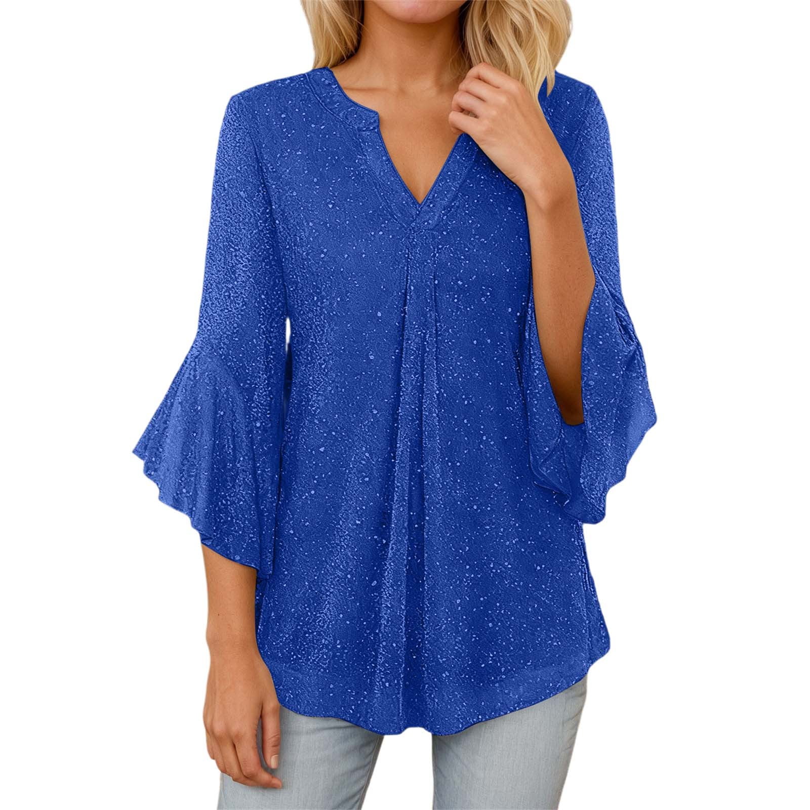 Bibfish Womens T-Shirts Silver Thread Mesh V Neck Petal 3/4 Sleeve ...