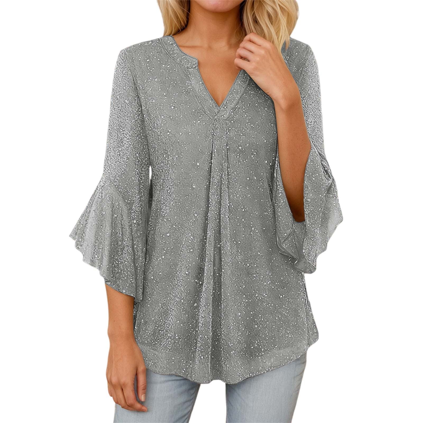Bibfish Womens T-Shirts Silver Thread Mesh V Neck Petal 3/4 Sleeve ...