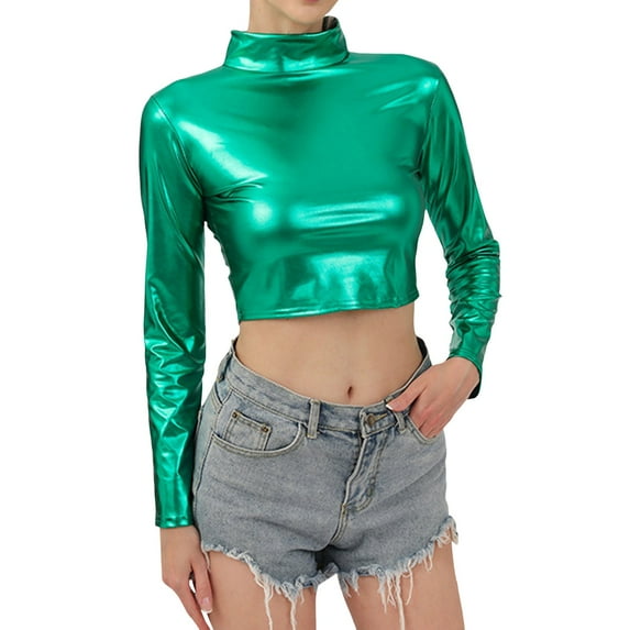 Bibfish Womens T-Shirts Stylish Carnival High Neck Long Sleeve Crop Top ...