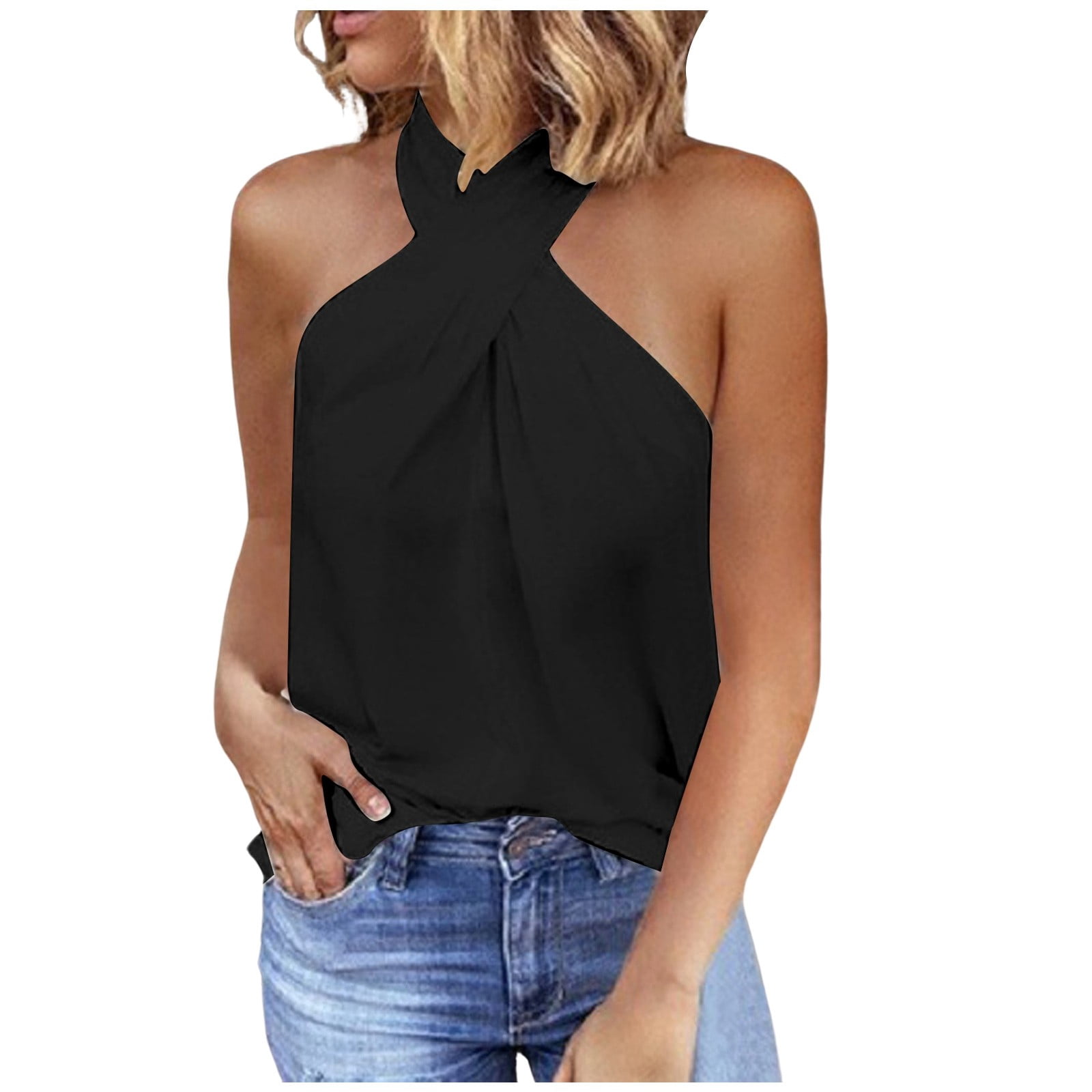 Bibfish Womens T-Shirts Trendy Halter Neck Sleeveless Tank Tops Slim ...