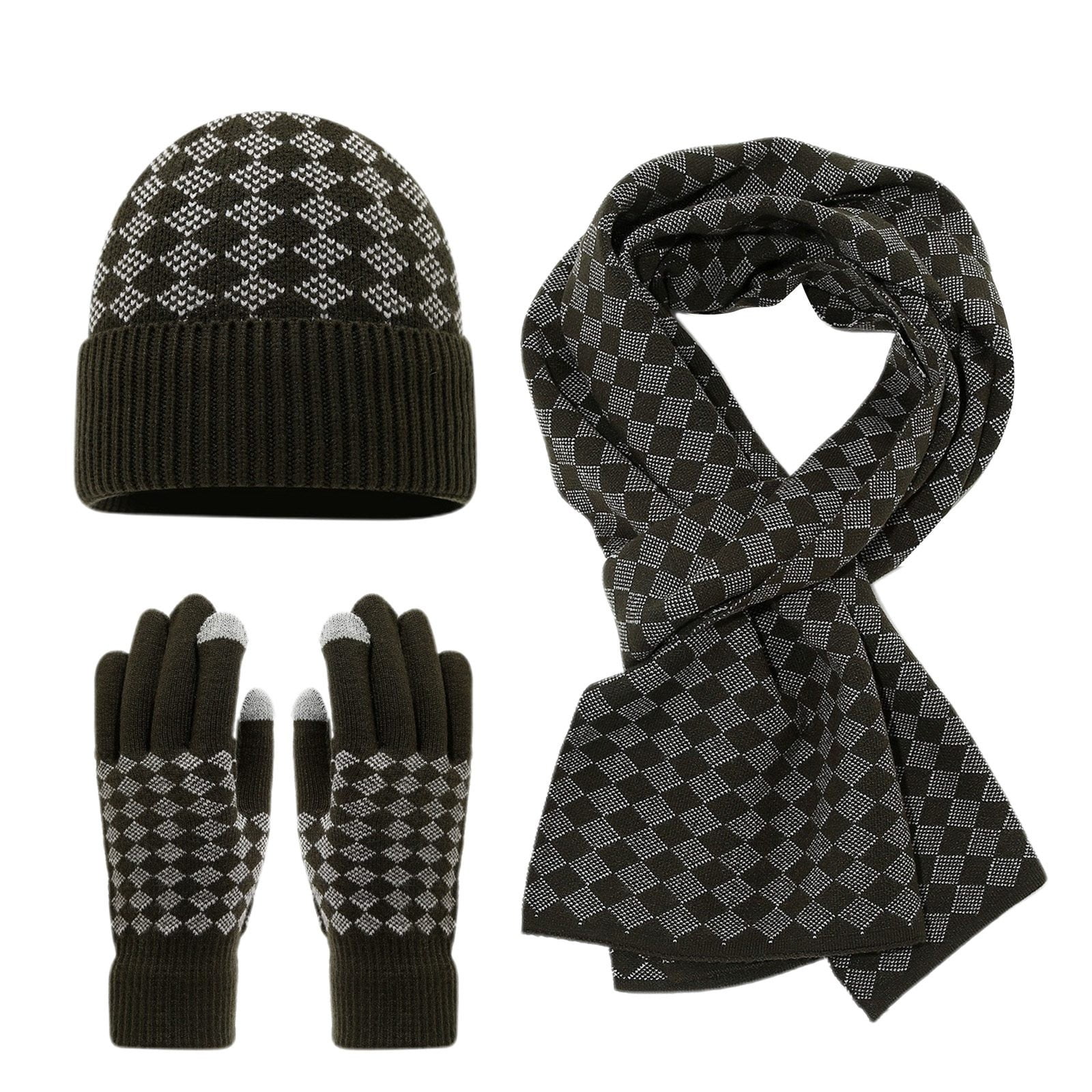 Bibifish 3 PCS Scarf Hat Glove Sets For Men Women Plaid Winter Knitted ...
