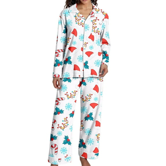 Bibifish Christmas Womens Pajamas Sets Xmas Print Lapel Collar Shirts ...