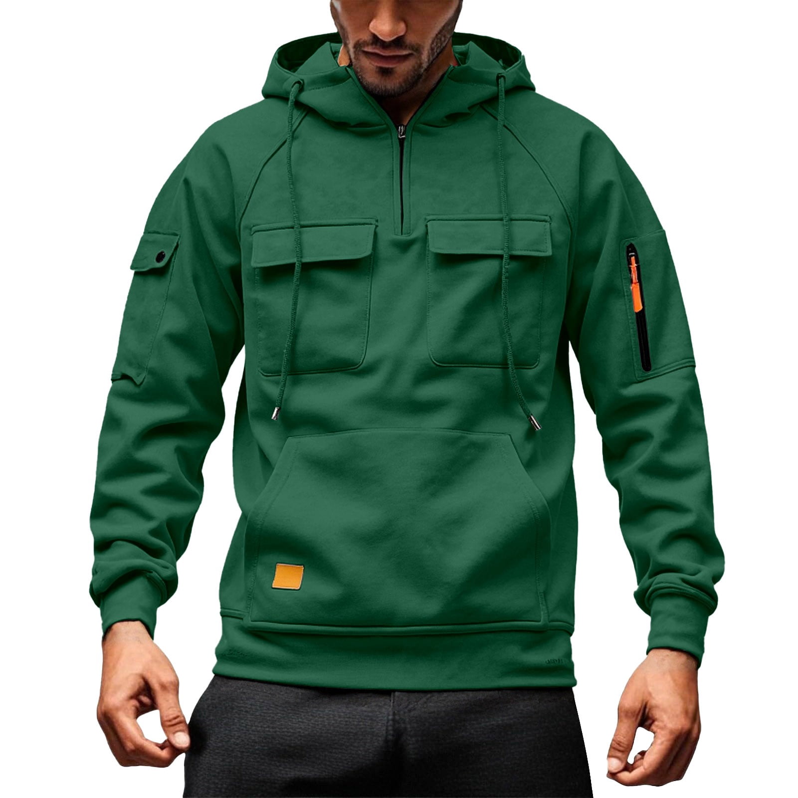 Bibifish Mens Hoodies Cargo Multi-Pocket Half-Zip Hooded Sweatshirts ...