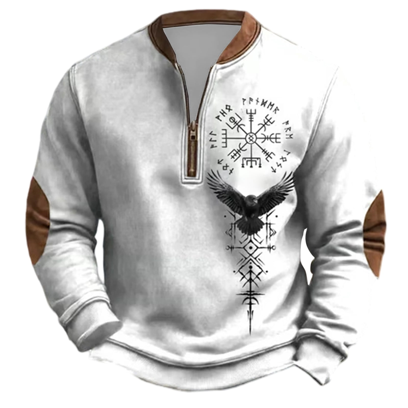 Bibifish Mens Hoodies White Eagle & Viking Print Half-Zip Hoodie ...