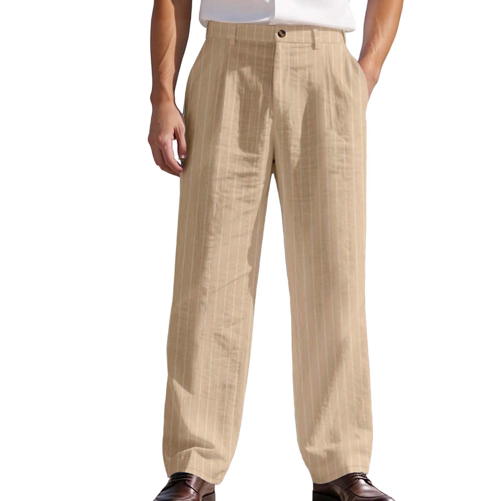 Bibifish Mens Pleated Pants Strip Pattern Casual Dress Linen Pants ...