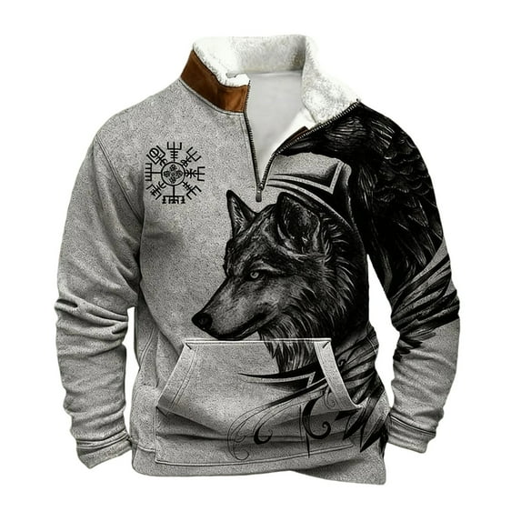 Bibifish Mens Sweatshirt Gray Wolf Print Half-Zip Pullover Fleece Lined ...