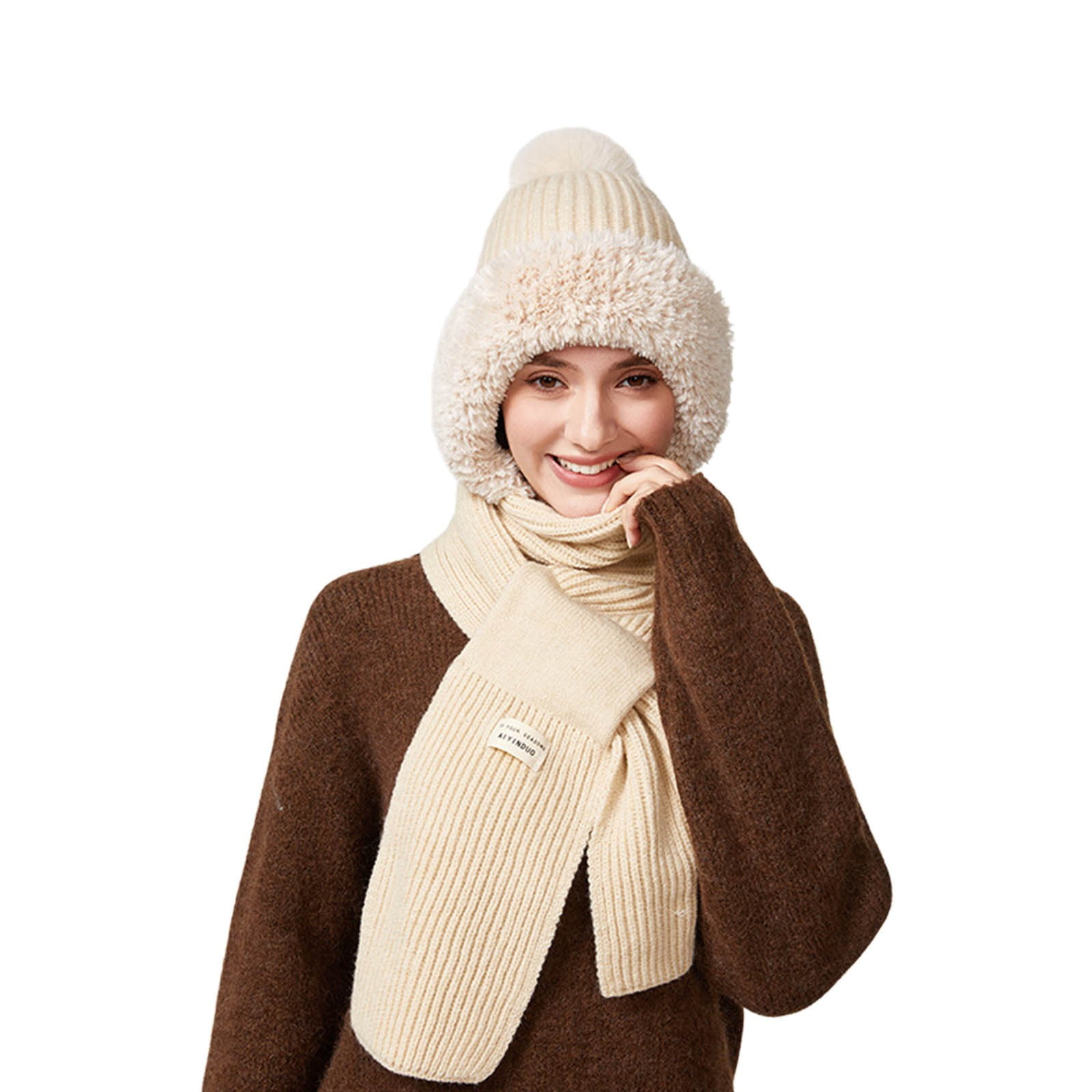 Bibifish Womens Scarf Hat One Piece Rib Knit Pattern Winter Warm Lined ...