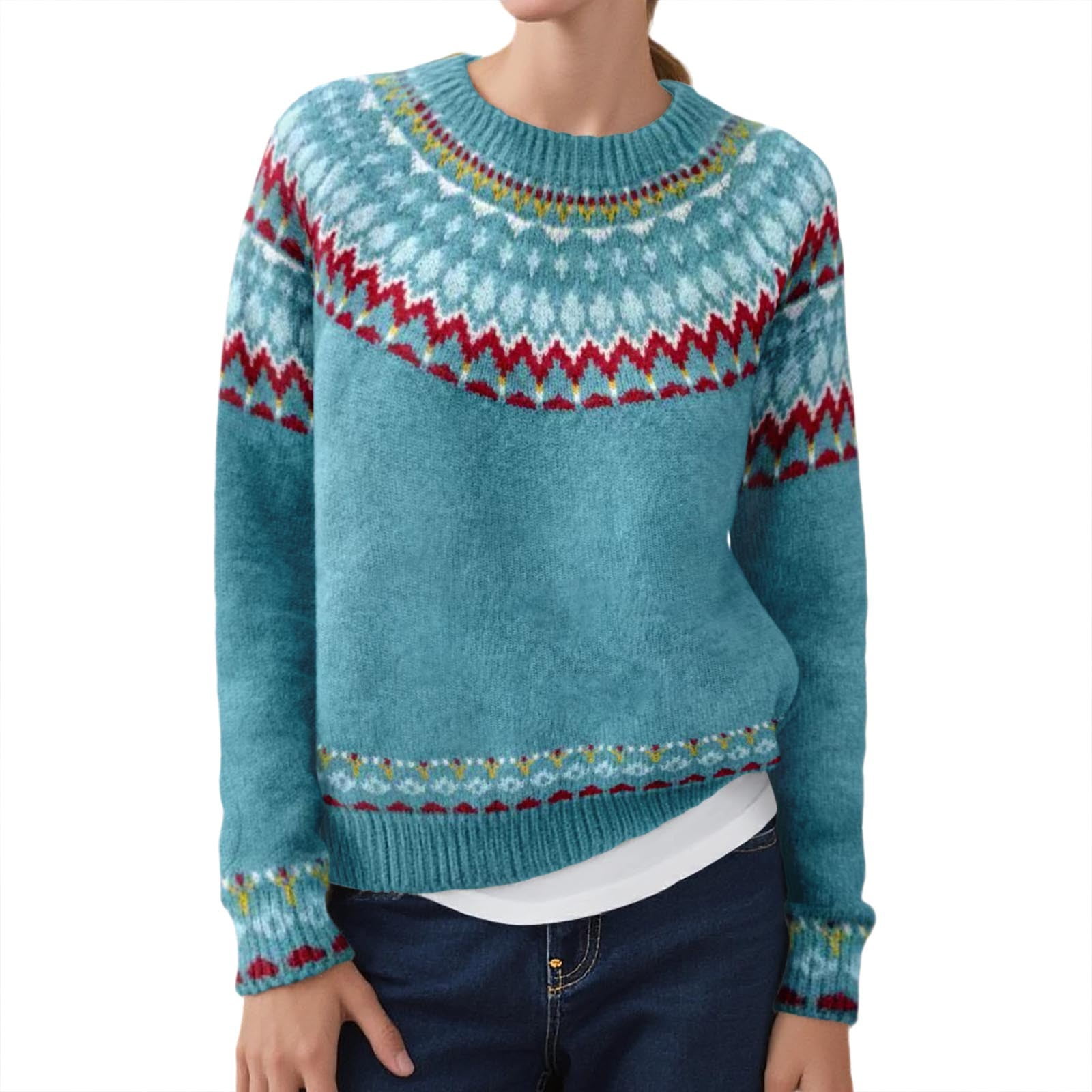 Bibifish Sweaters For Women Soft Blue Vintage Long Sleeve Crewneck Knit ...