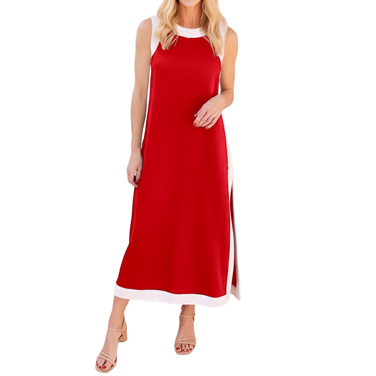 Bibifish Women Dress Sets Sleeveless Color Block Long Dress With Pocket ...