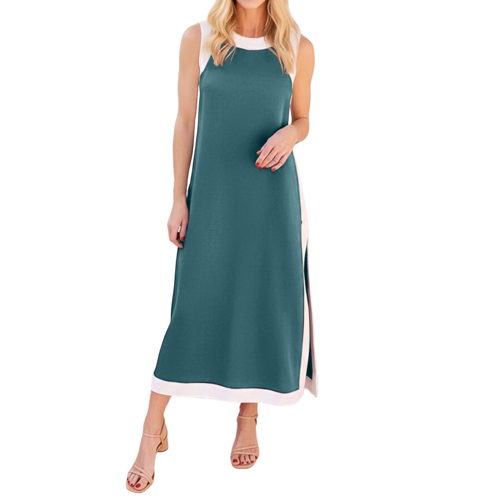Bibifish Women Dress Sets Sleeveless Color Block Long Dress With Pocket ...