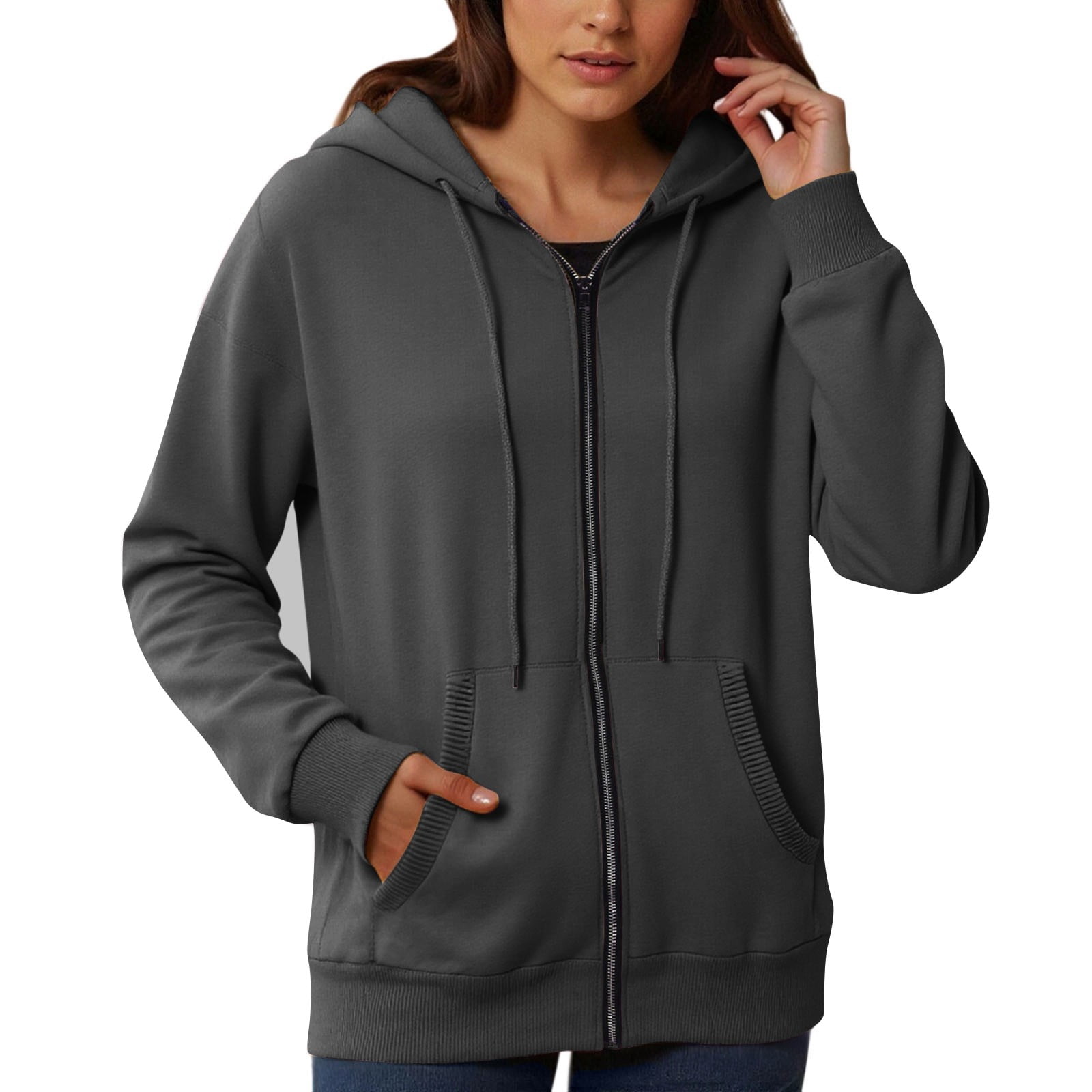Bibifish Women'S Solid Color Hoodies Casual Long Sleeve Zipper Crewneck ...