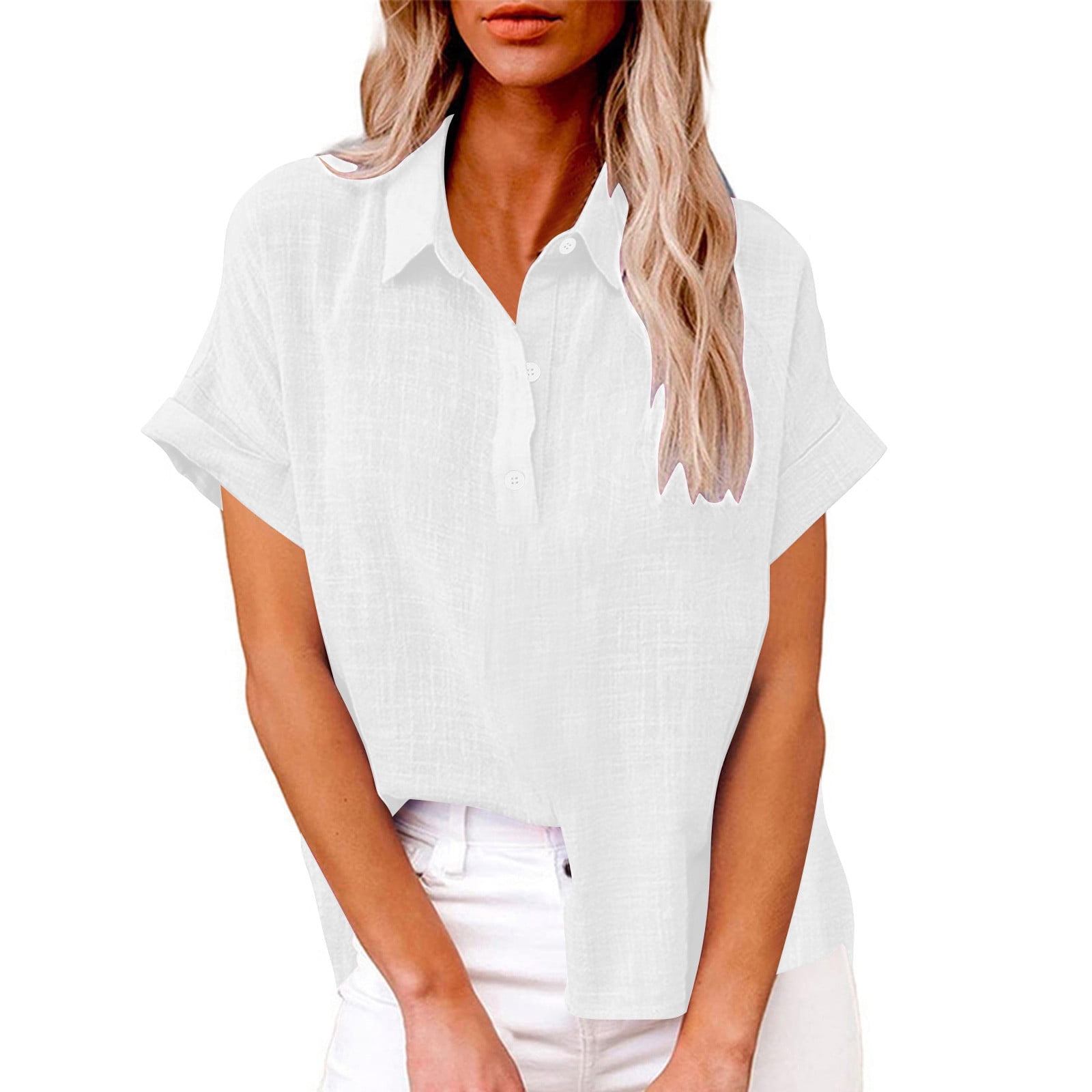 Bibifish Women Shirts Collared V-Neck Short Sleeve Solid Color Blouses ...
