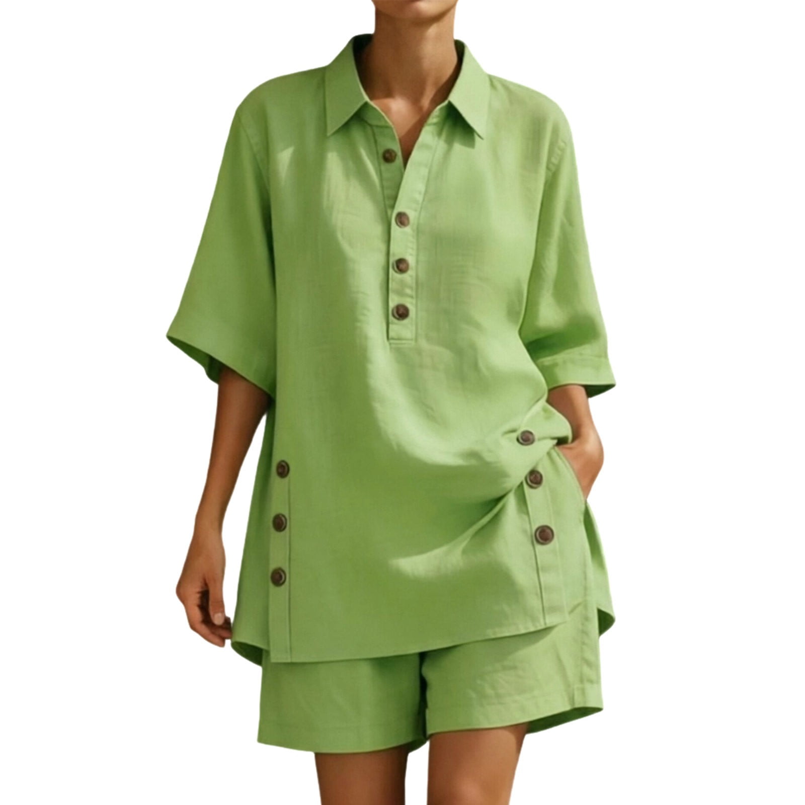 Bibifish Women Two Piece Sets Collared Half Button Longline Tops With ...