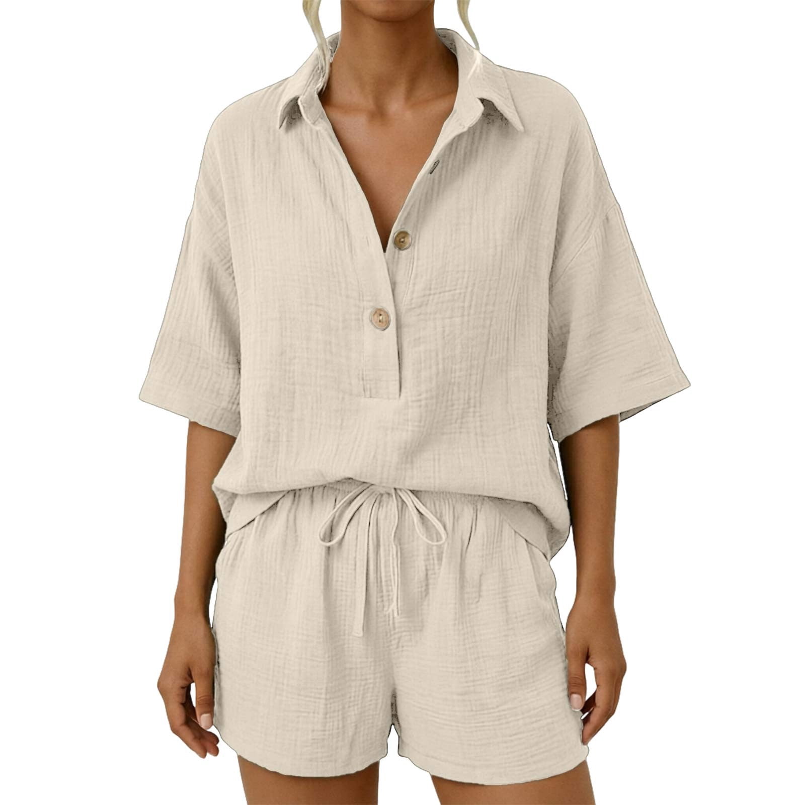 Bibifish Women Two Piece Sets Collared Half Button Short Sleeve Tops ...