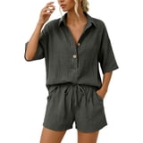 Bibifish Women Two Piece Sets Collared Half Button Short Sleeve Tops ...