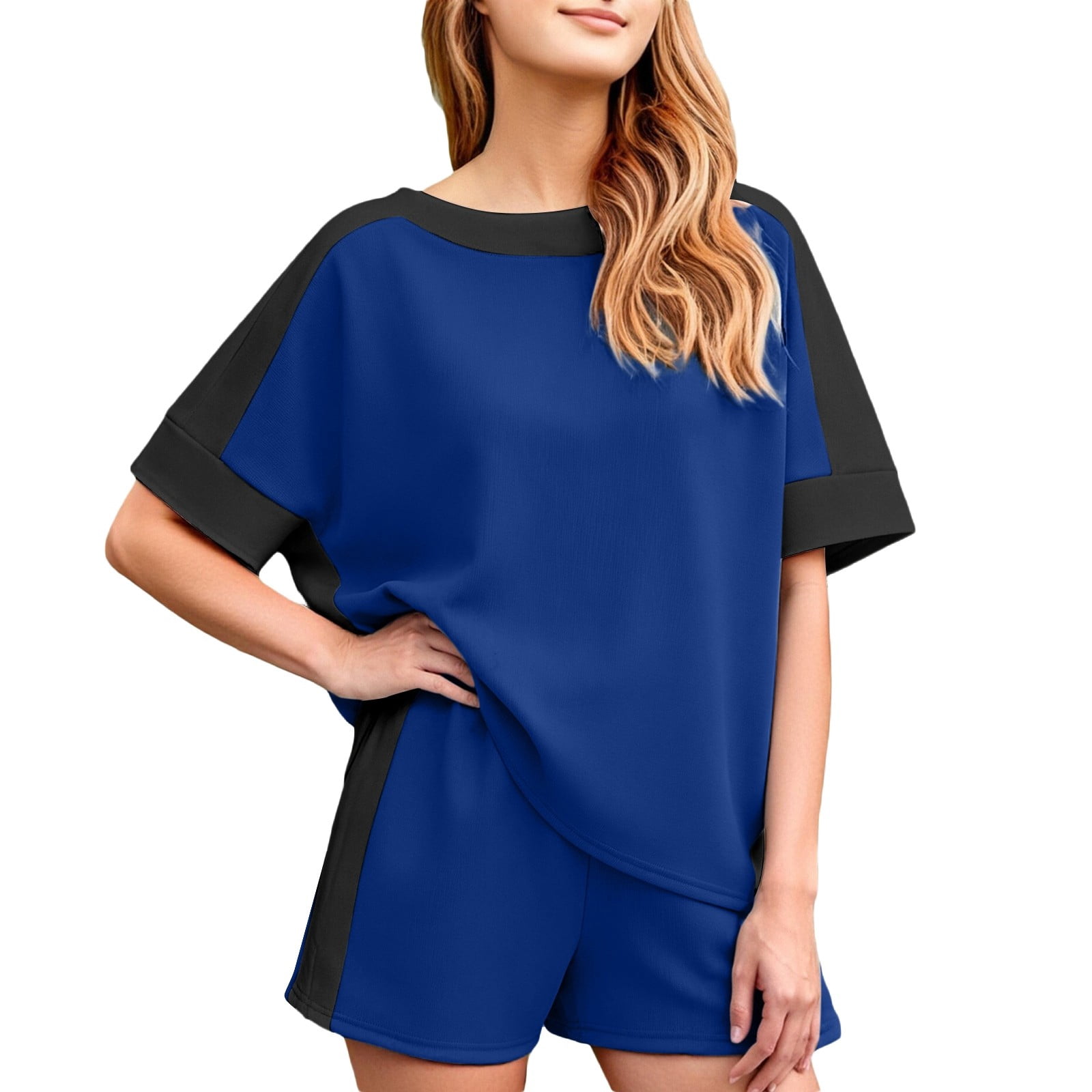 Bibifish Women Two Piece Sets Color Block Crew Neck Drop Shoulder Half ...