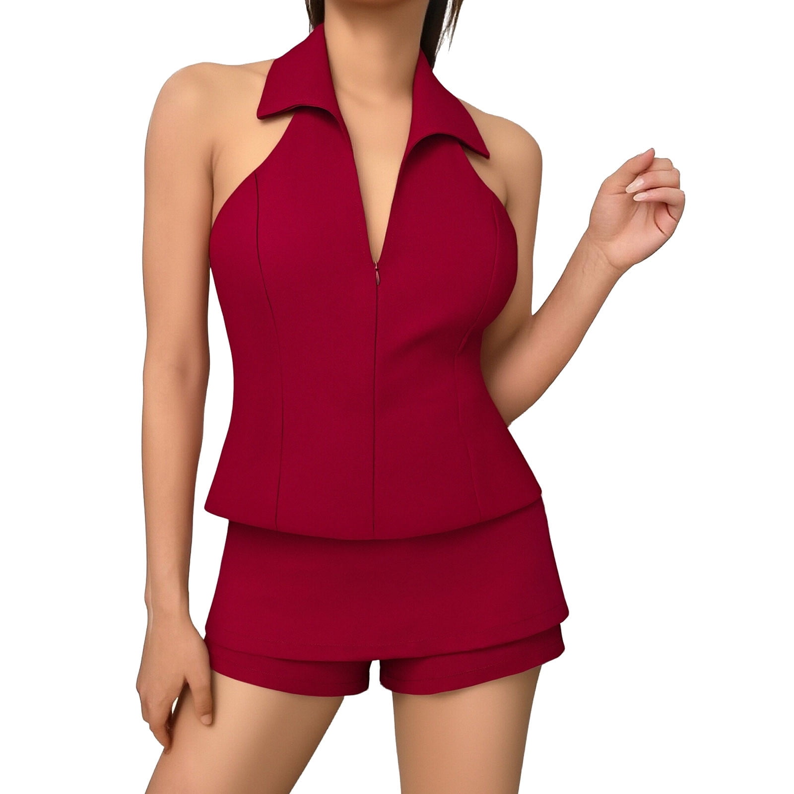 Bibifish Women Two Piece Sets Halter Collar Zip Up Sleeveless Tops ...