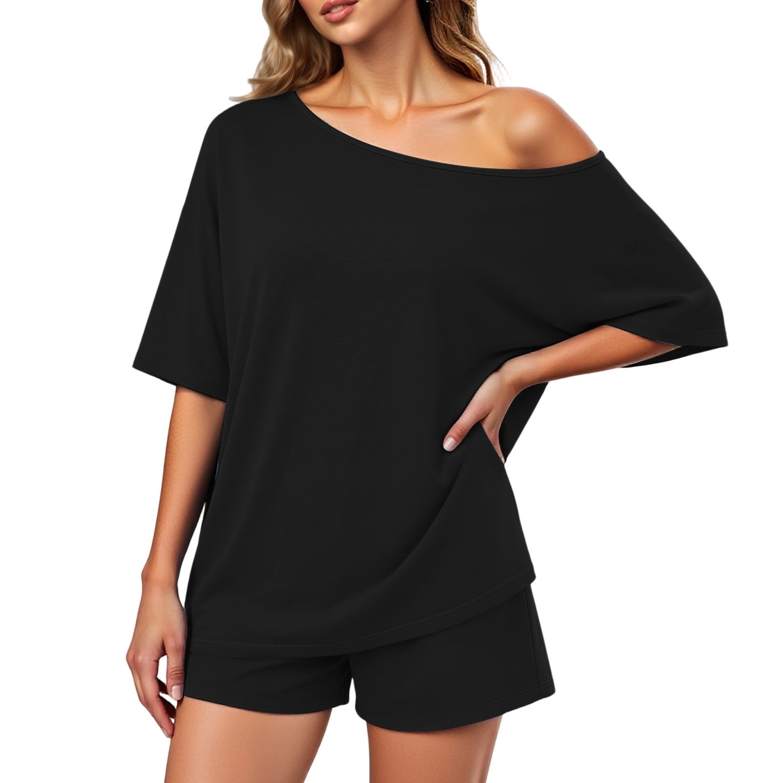 Bibifish Women Two Piece Sets Off Shoulder Half Sleeve Tops Loose Fit ...