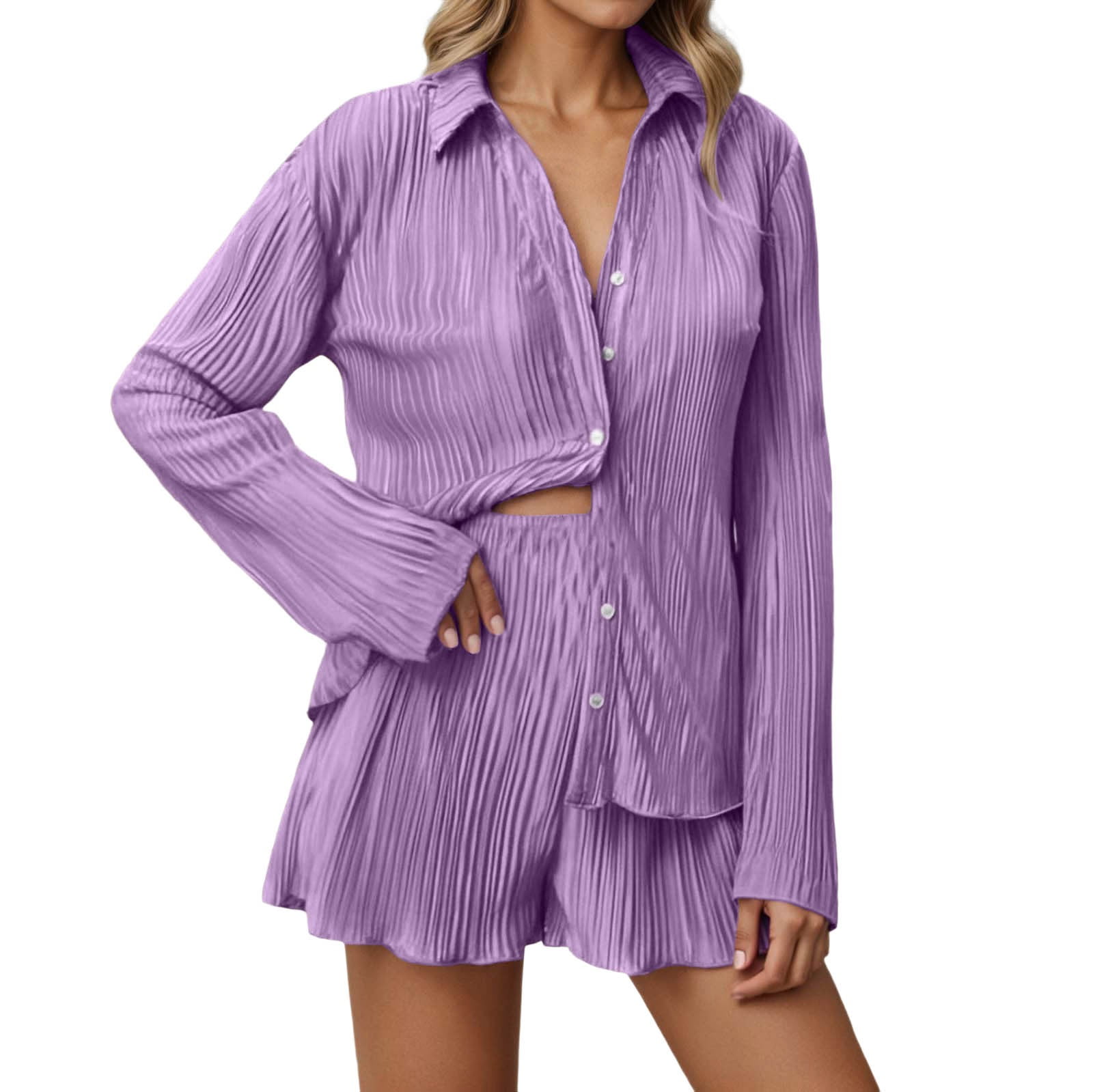 Bibifish Women Two Piece Sets Pleated Collared Long Sleeve Button Down ...