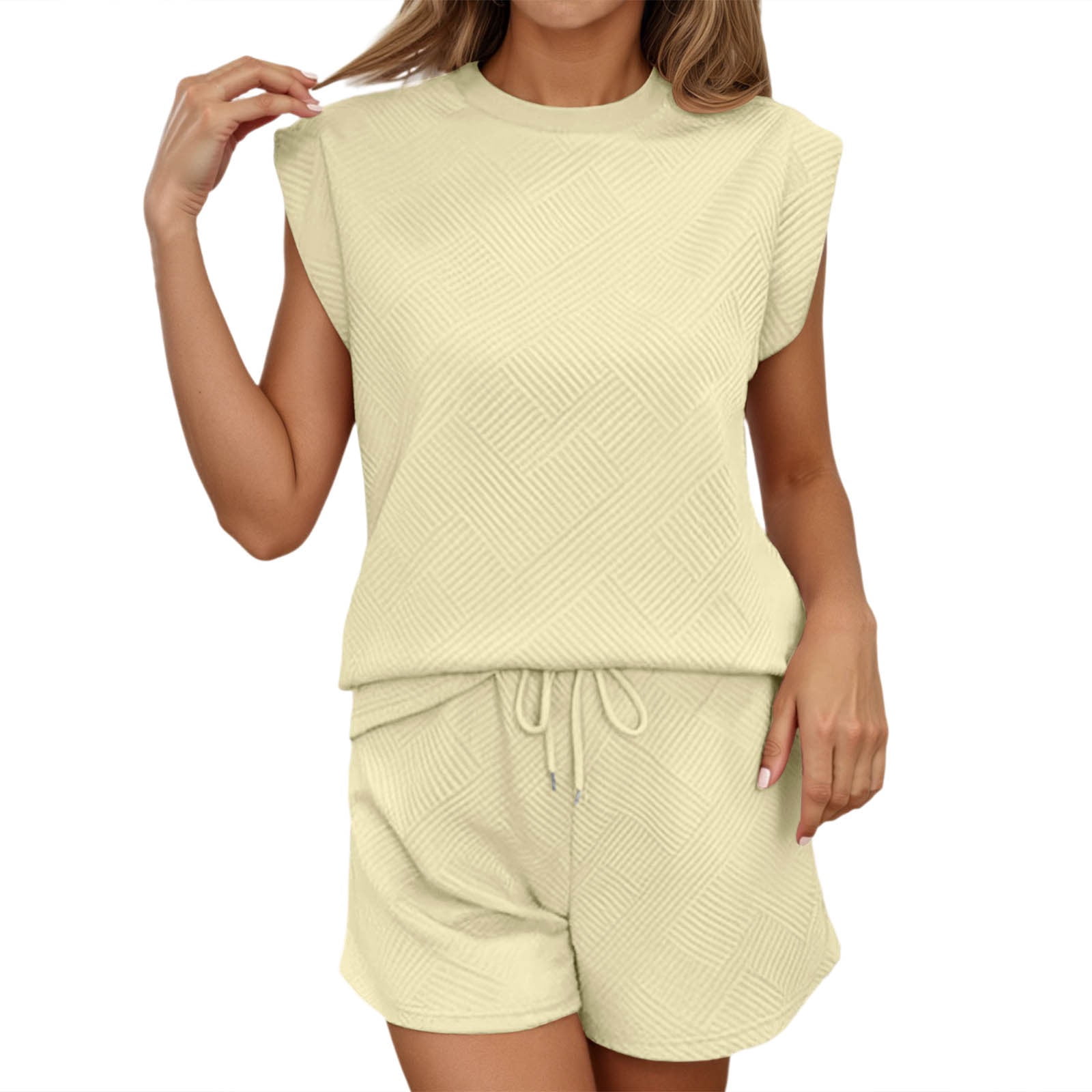Bibifish Women Two Piece Sets Round Neck Textured Sleeveless Tops ...