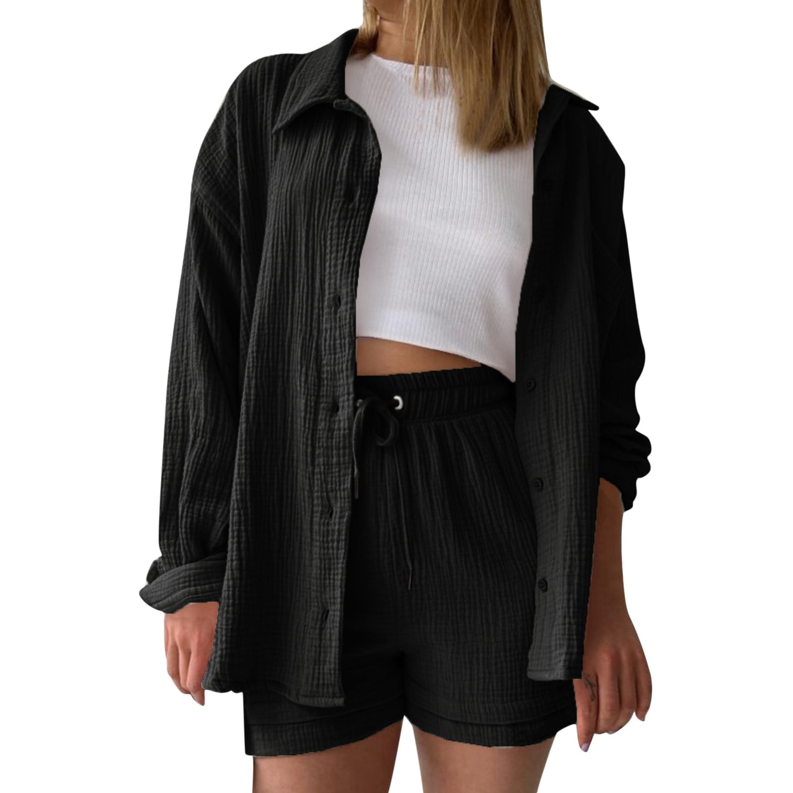 Bibifish Women Two Piece Sets Textured Collared Long Sleeve Button Down ...