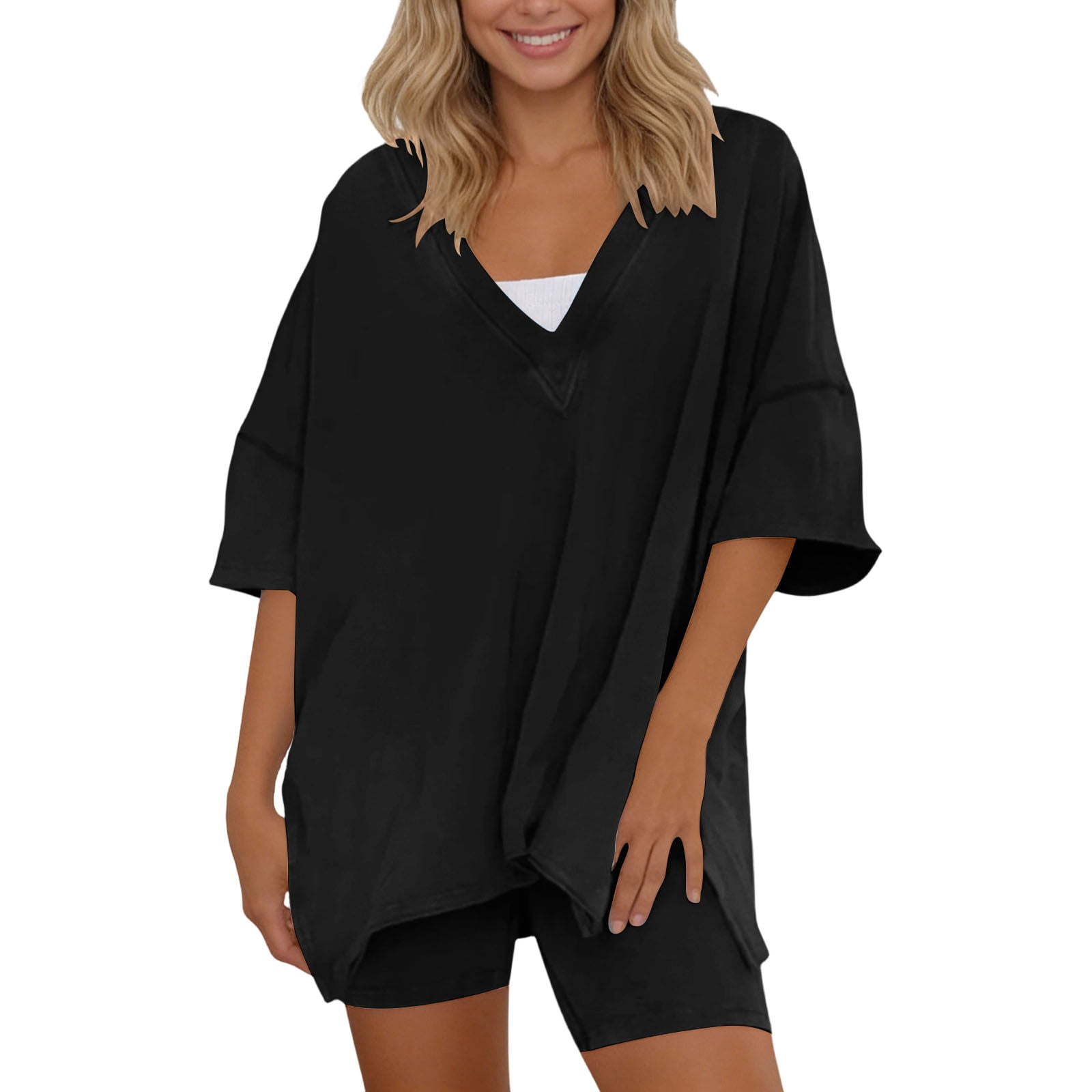 Bibifish Women Two Piece Sets V Neck Drop Shoulder Half Sleeve Tops ...