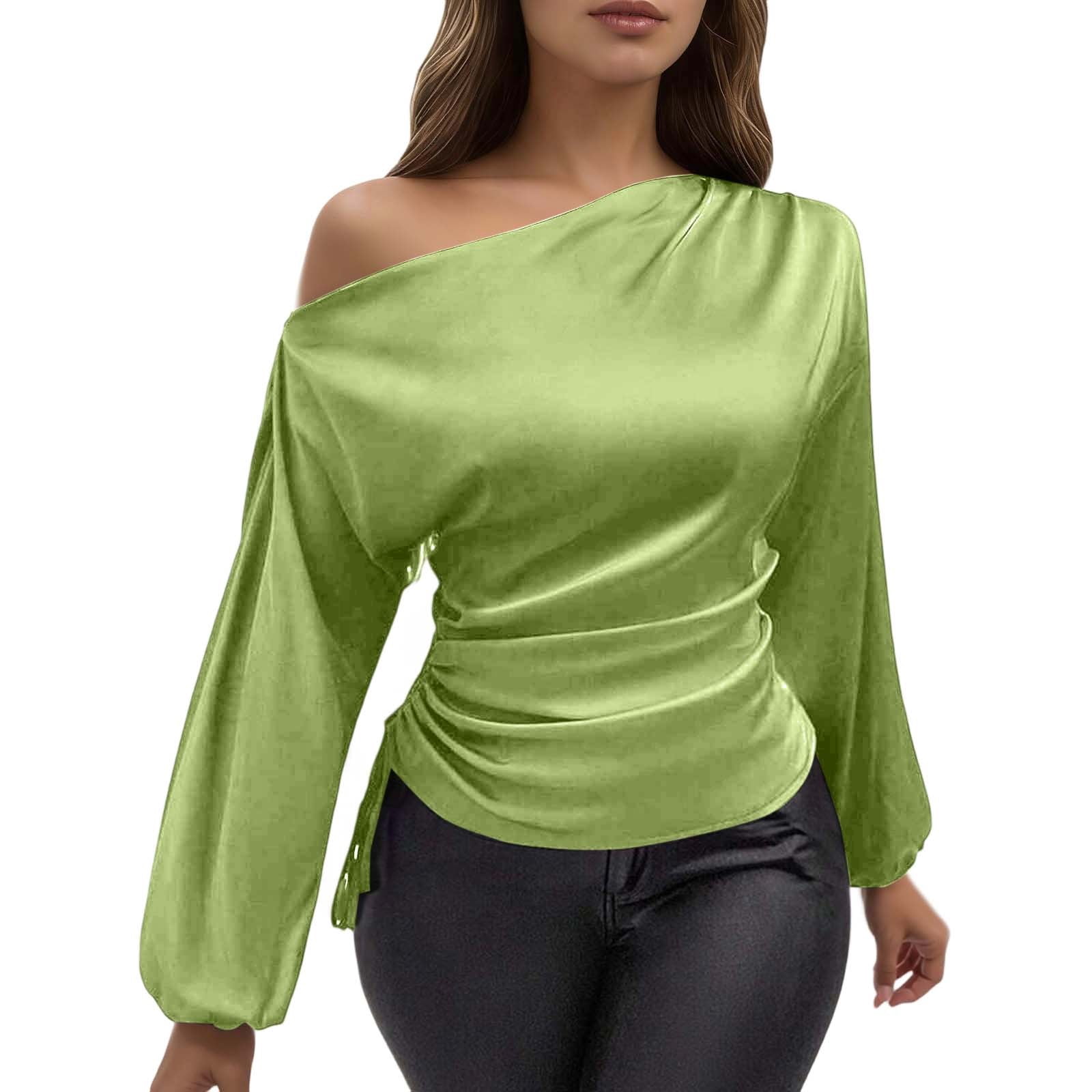 Bibifish Women's Blouse One Shoulder Long Sleeve Loose Fit Satin Tops ...