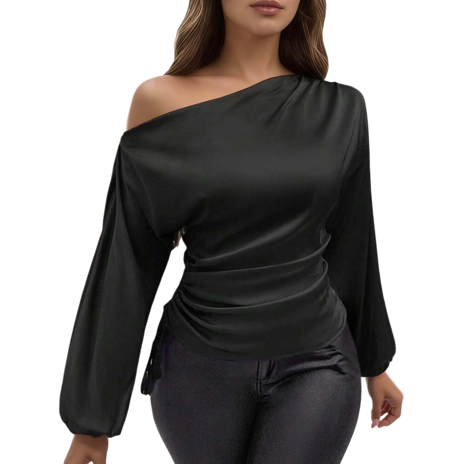 Bibifish Women's Blouse One Shoulder Long Sleeve Loose Fit Satin Tops ...